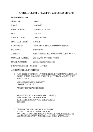 1. CURRICULUM VITAE FOR ZIBUSISO MPOFU[1][1] | PDF