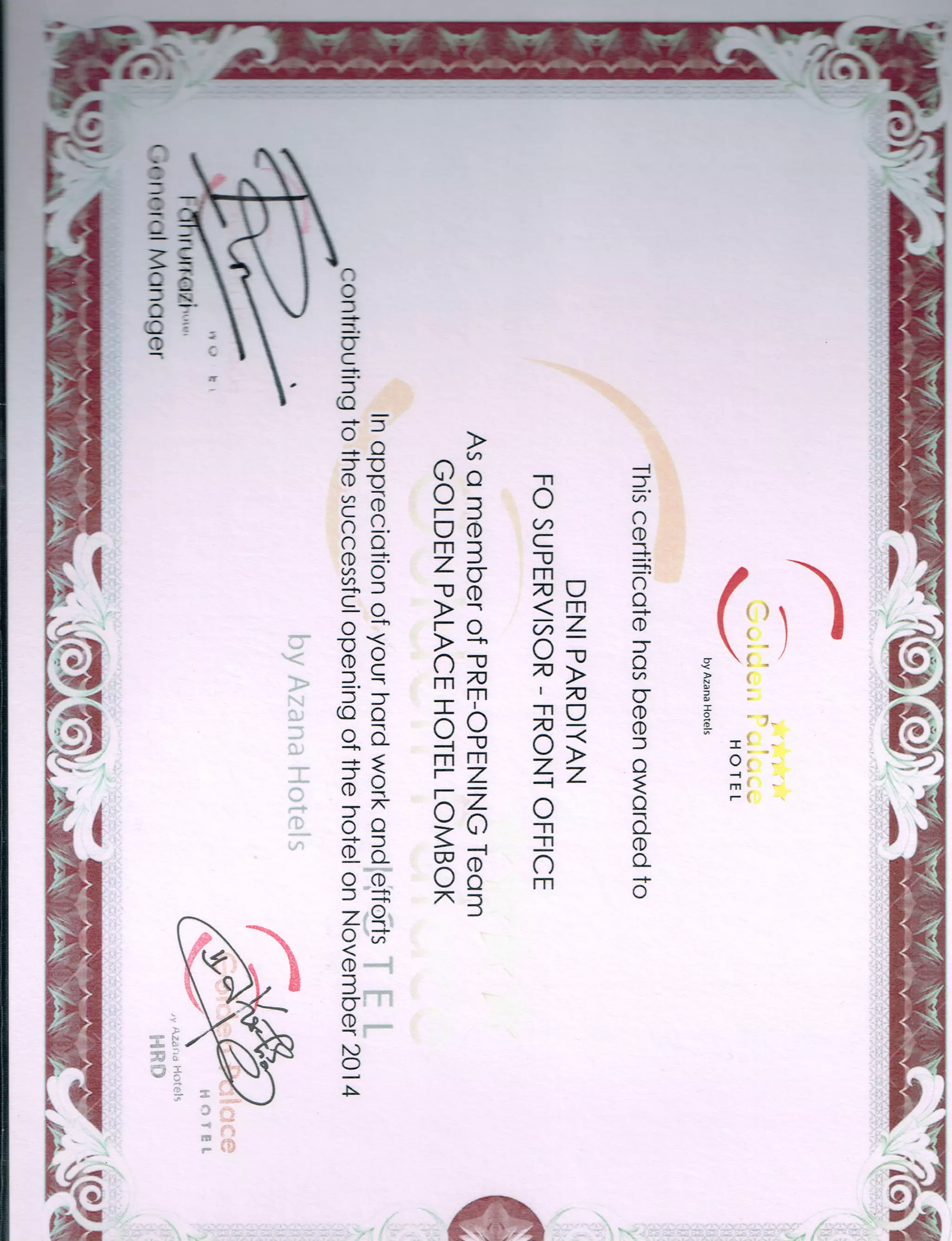 Pre-opening certificate Golden | PDF