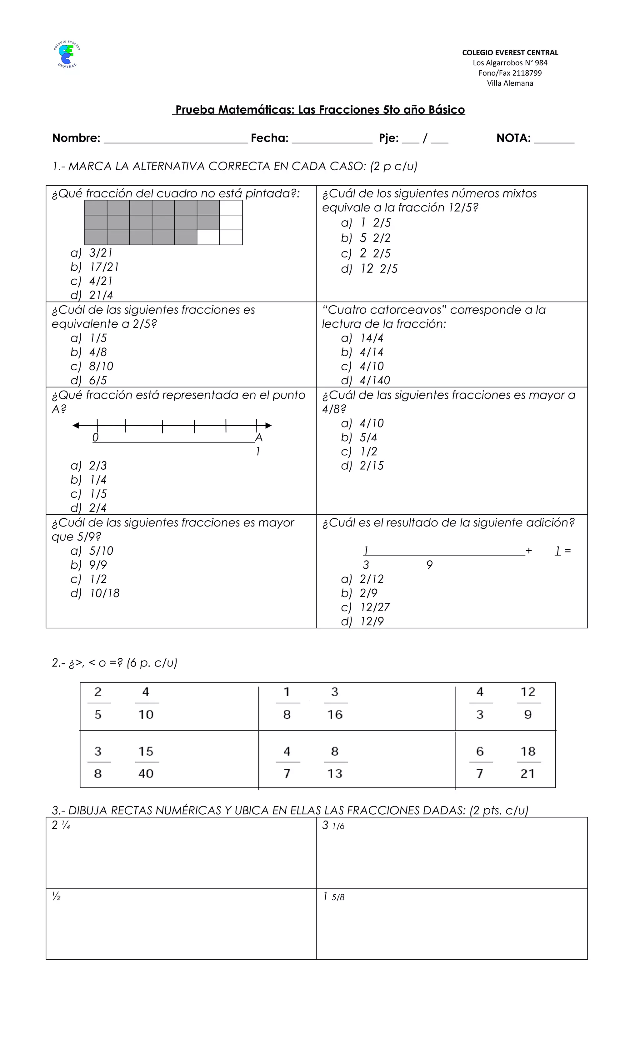 68570343 prueba-de-fracciones-5to-basico | DOC | Educational Assessment ...