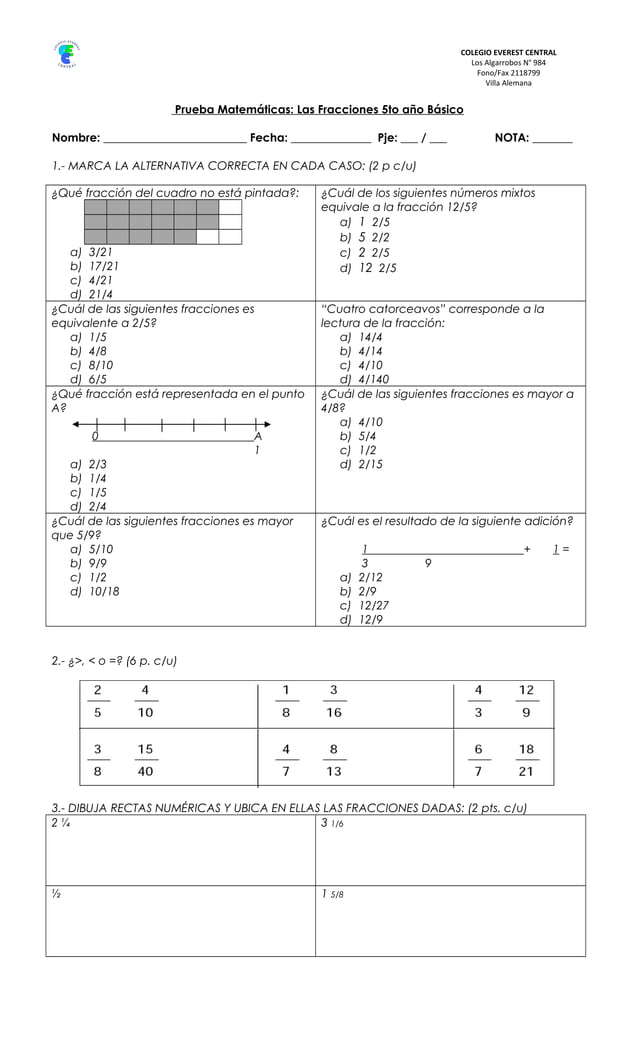 Prueba de fracciones 5to básico | PDF