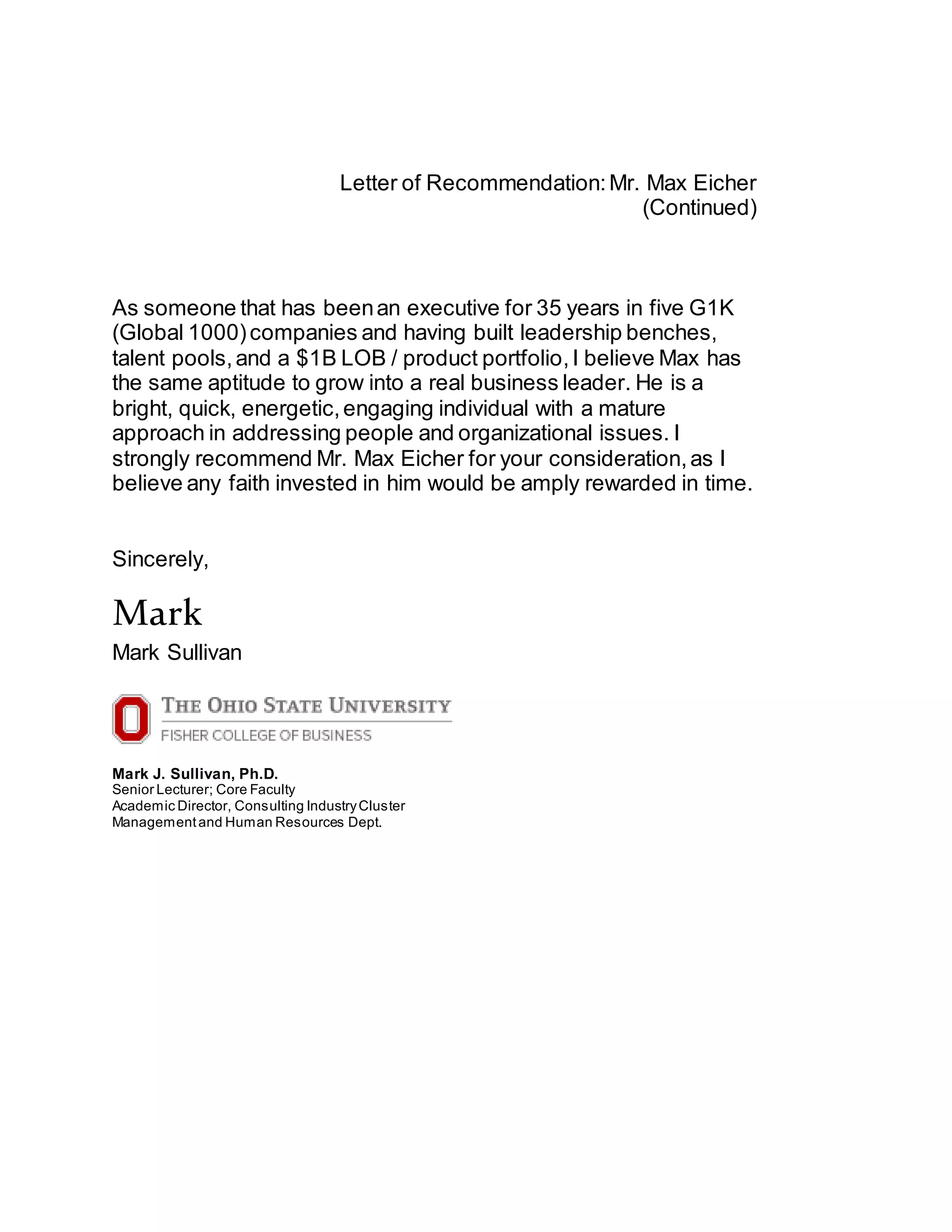Letter of Recommendation (Prof. Sullivan) | DOCX | Management ...