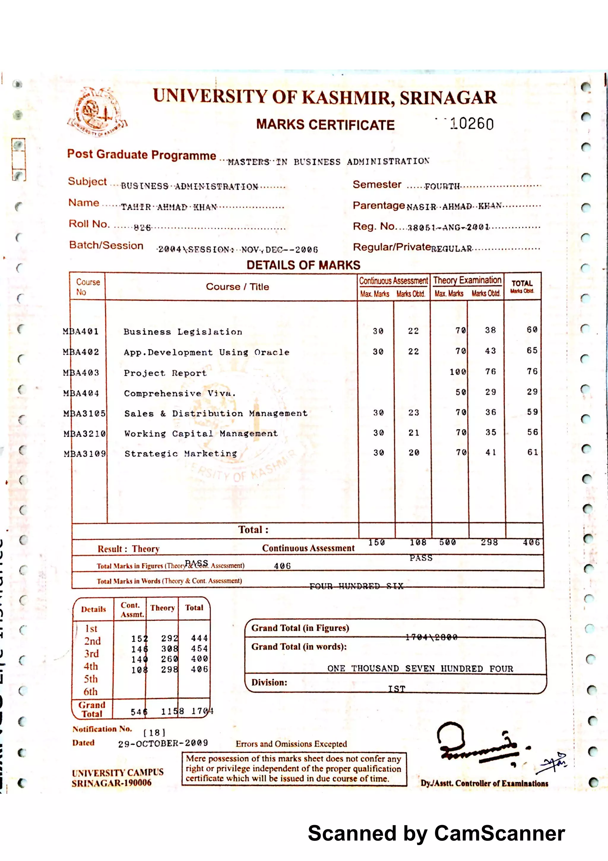 MBA marks card | PDF