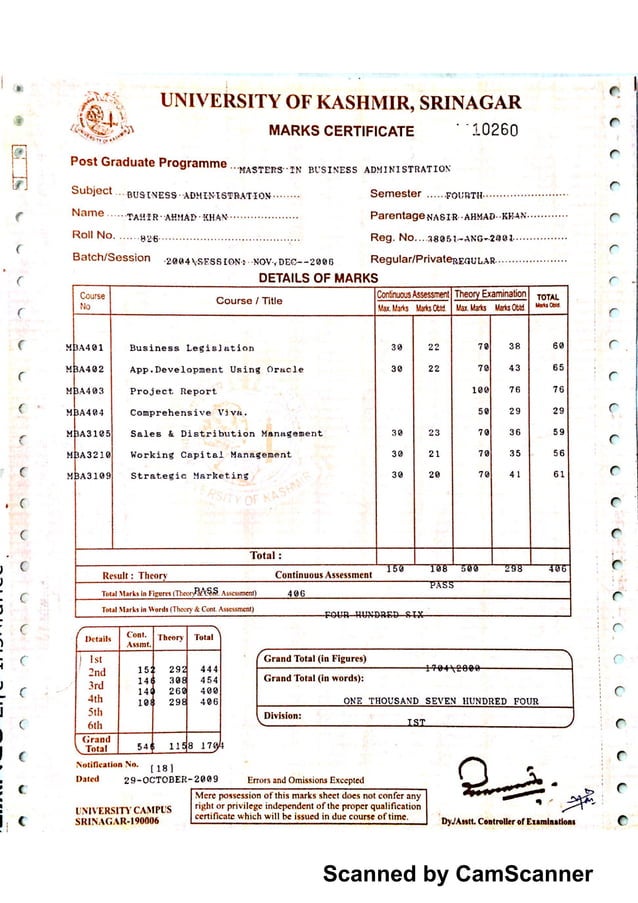 MBA marks card | PDF