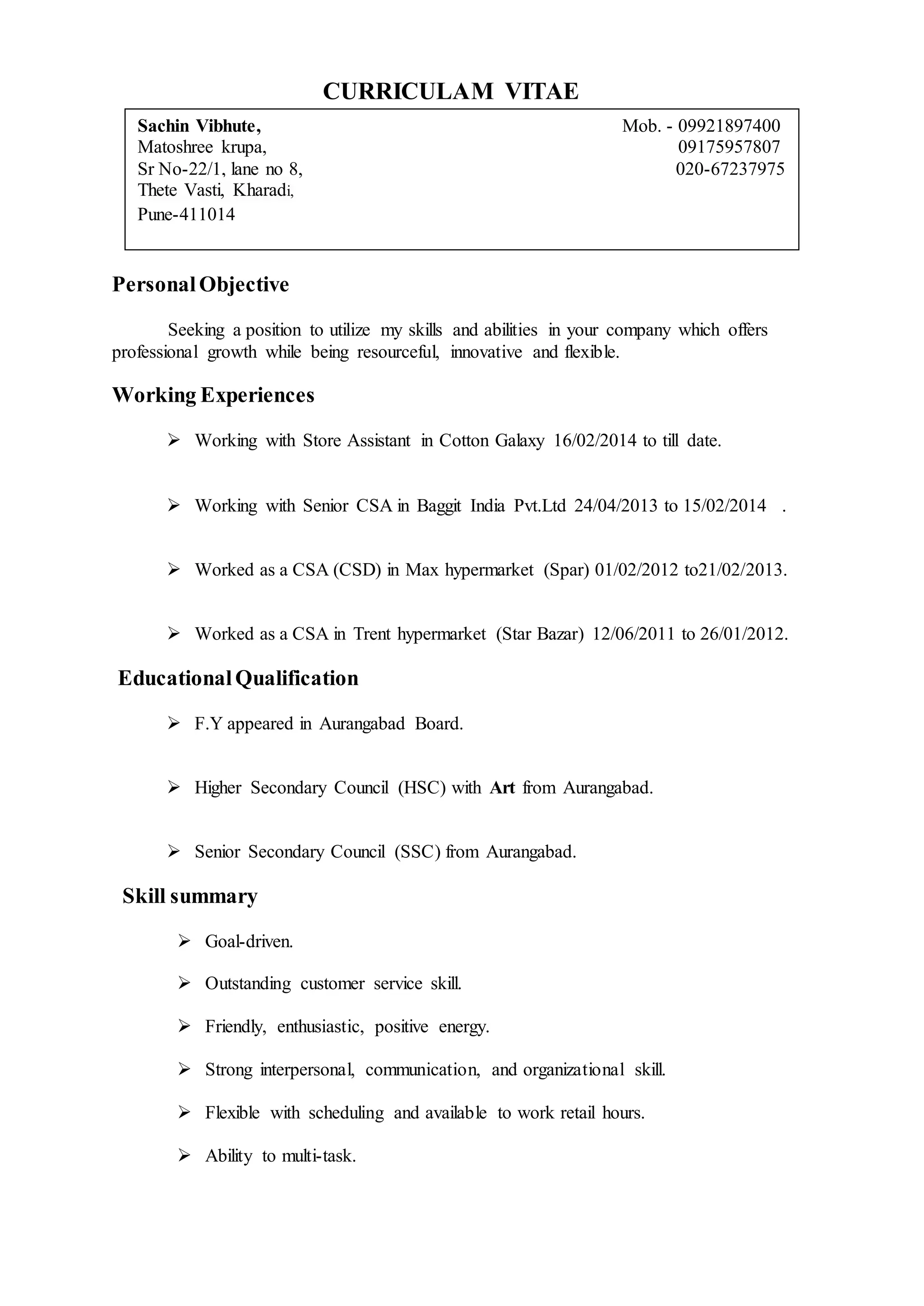 Sachin_Resume | DOCX | Business | Business and Finance