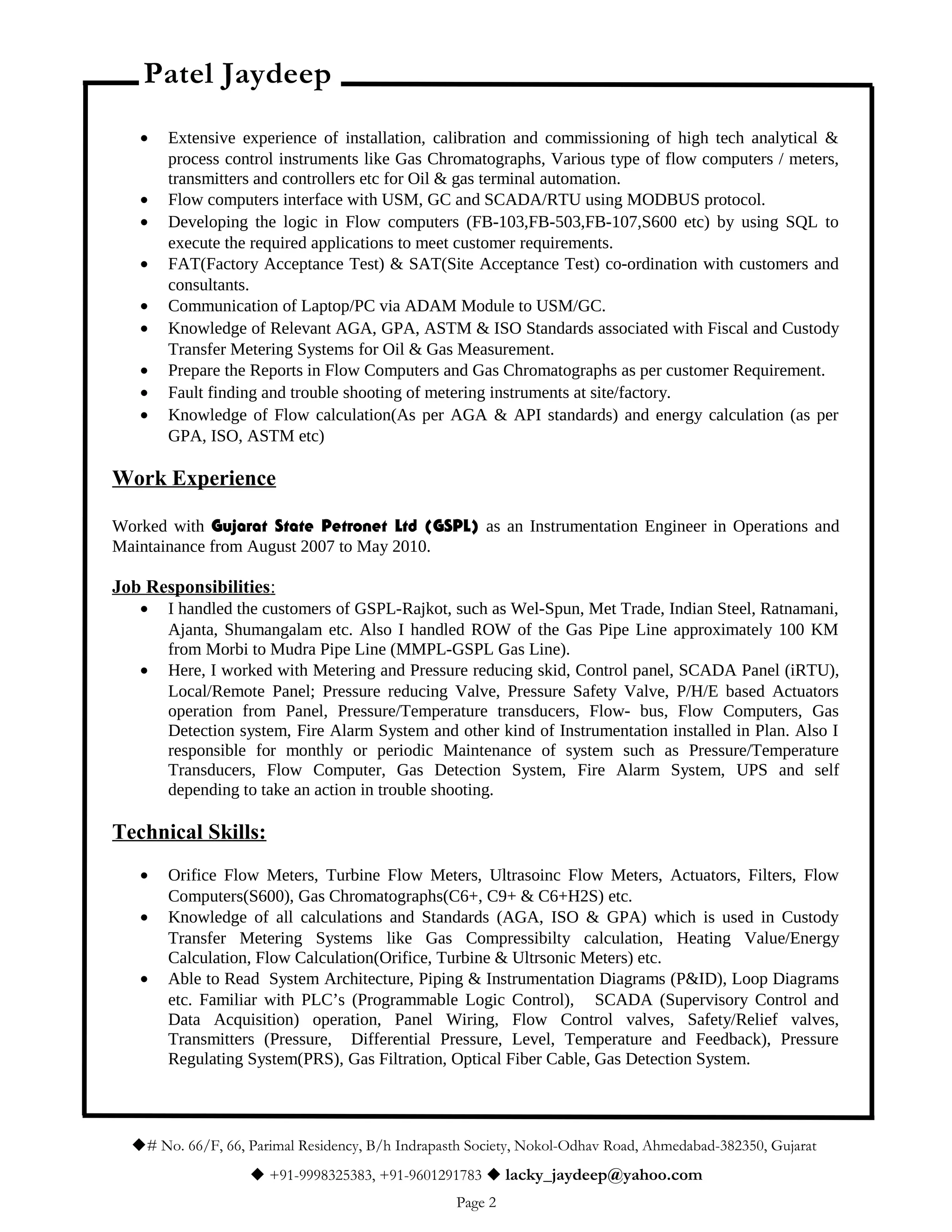 Resume for Metering or Instrumentation Engineer | DOC