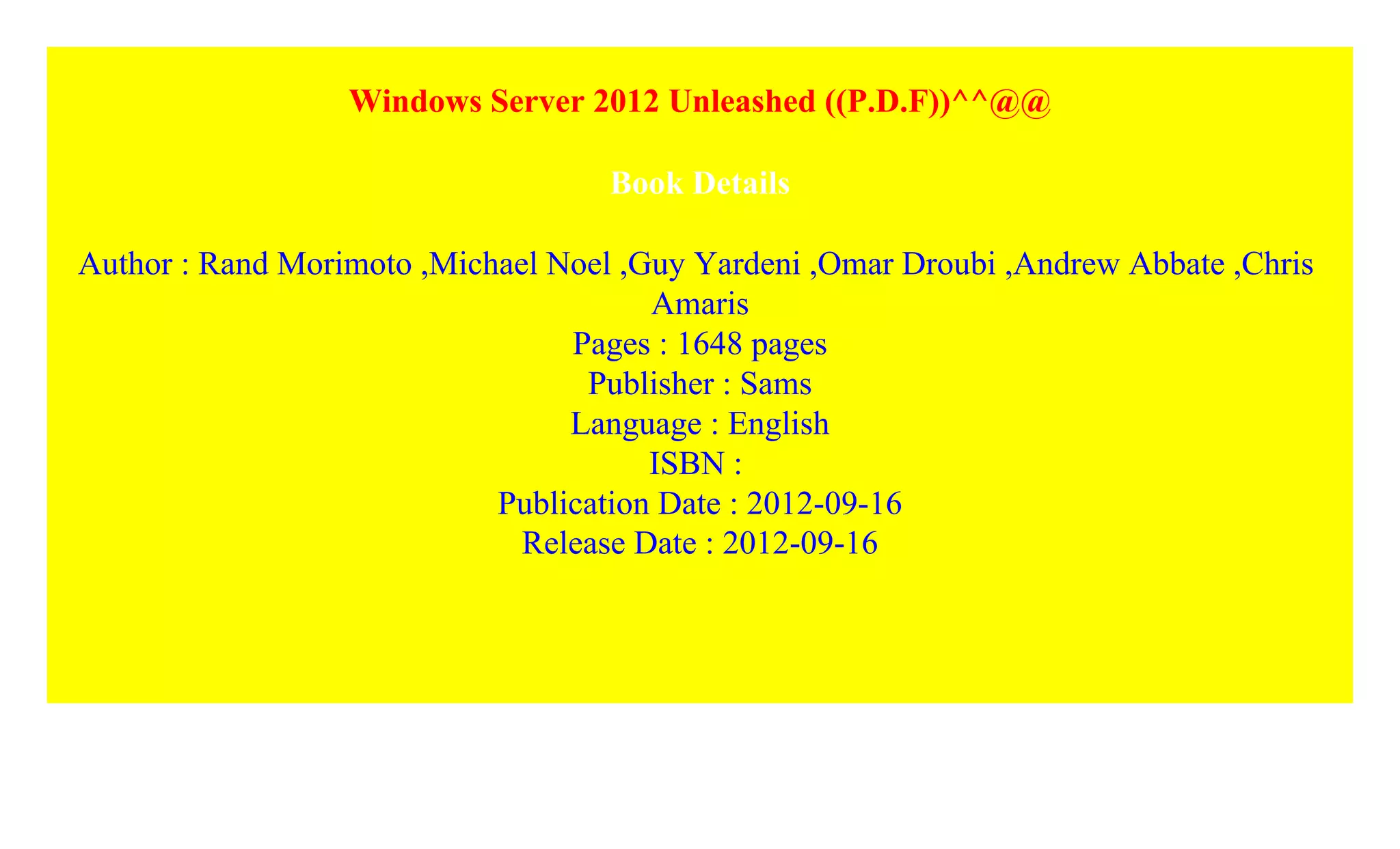 Windows Server 2012 Unleashed ((P.D.F))^^@@ | PDF | Operating Systems | Computer Software and ...