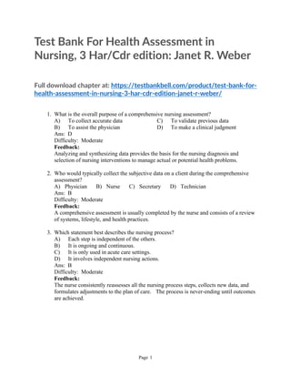 Test Bank For Health Assessment in Nursing, 3 Har/Cdr edition: Janet R ...