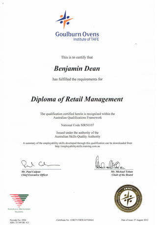 Diploma Retail Management Ben Dean | PDF