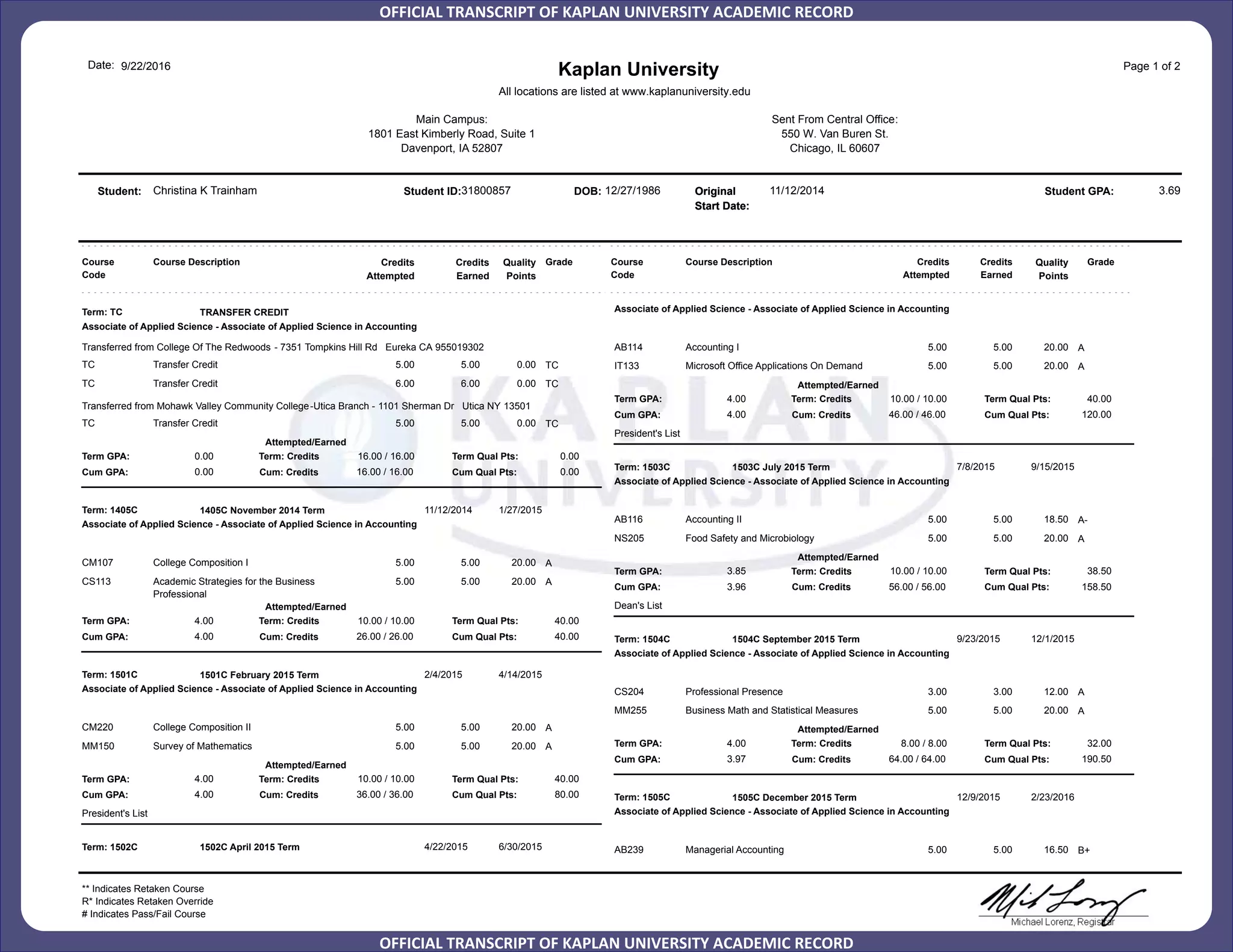 ChristinaTrainhamoffcialTranscriptsept16 | PDF | Undergraduate Education | College Education