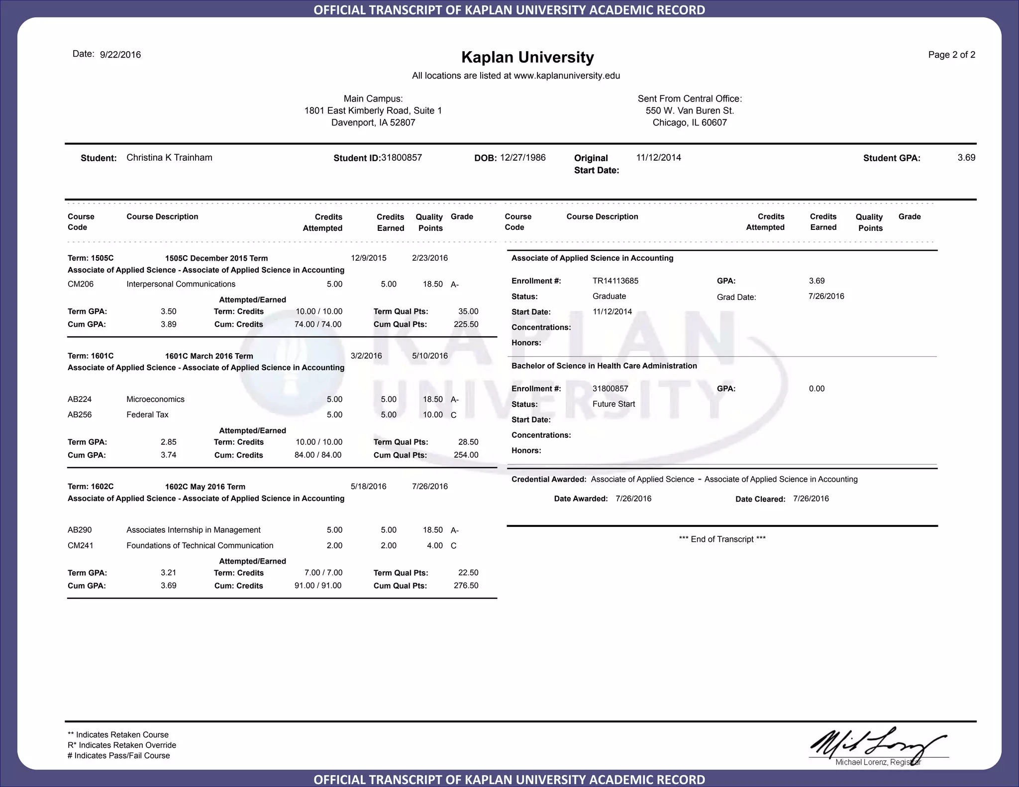 ChristinaTrainhamoffcialTranscriptsept16 | PDF | Undergraduate Education | College Education