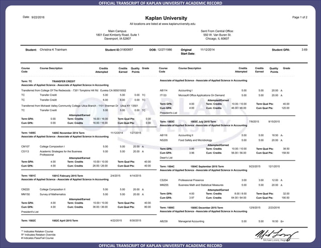 ChristinaTrainhamoffcialTranscriptsept16 | PDF | Undergraduate Education | College Education