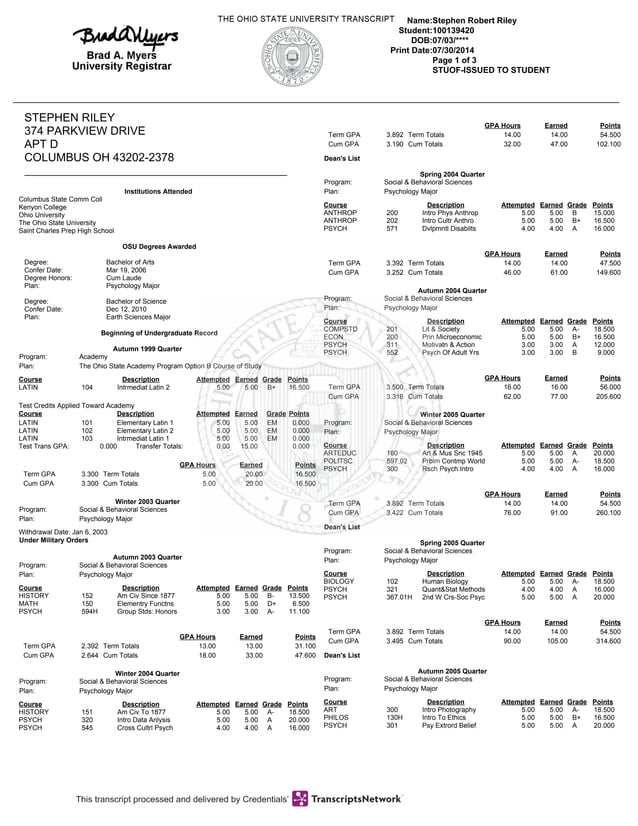 Ohio State transcript | PDF | Undergraduate Education | College Education