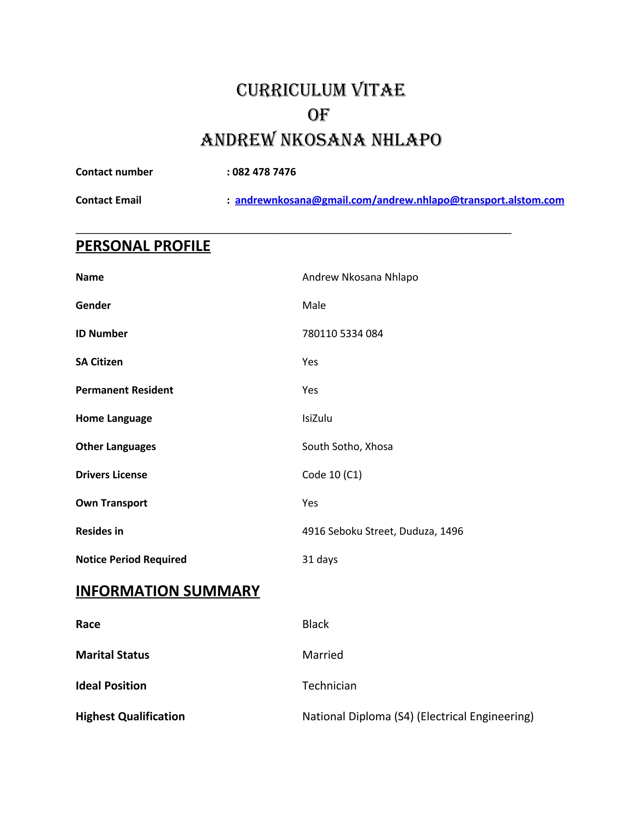 Andrew Nkosana Nhlapo CV..UPdateddoc | DOC