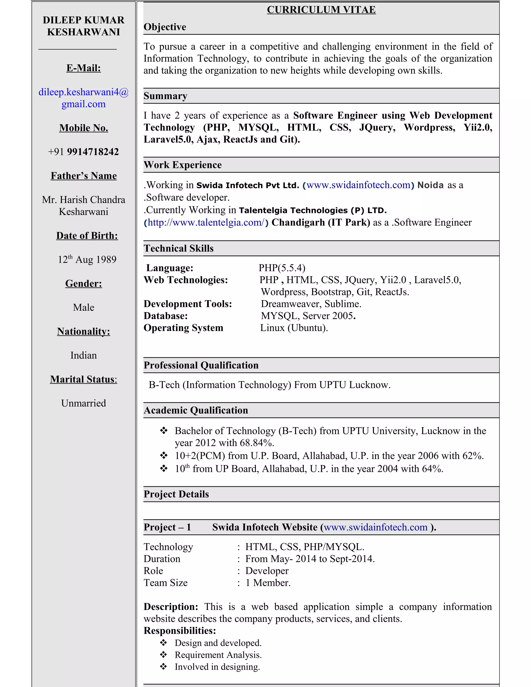 Dileep_Resume__2 Year_Exp_Software_Engineer | PDF