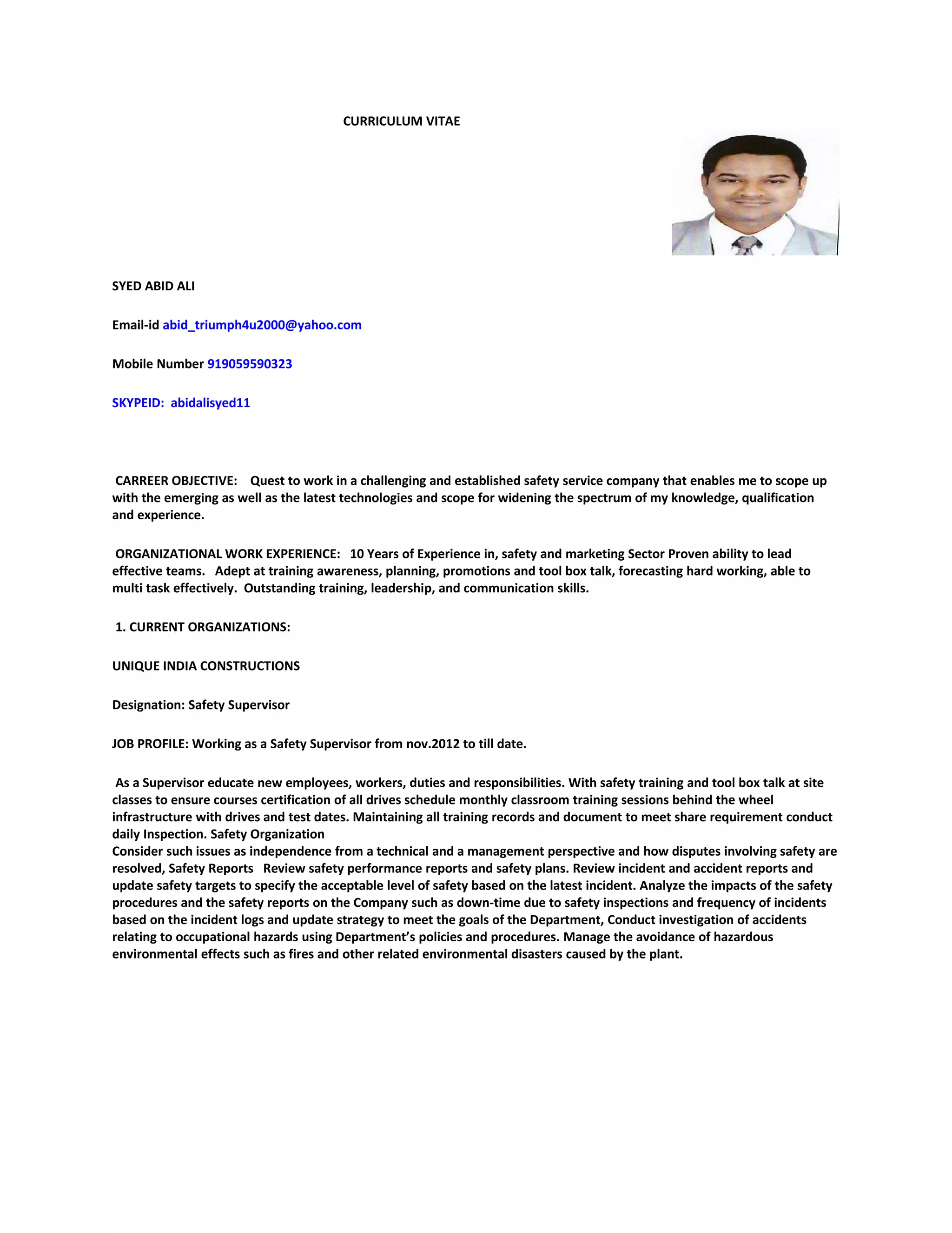 abid safety resume | DOC | Business Administration | Business