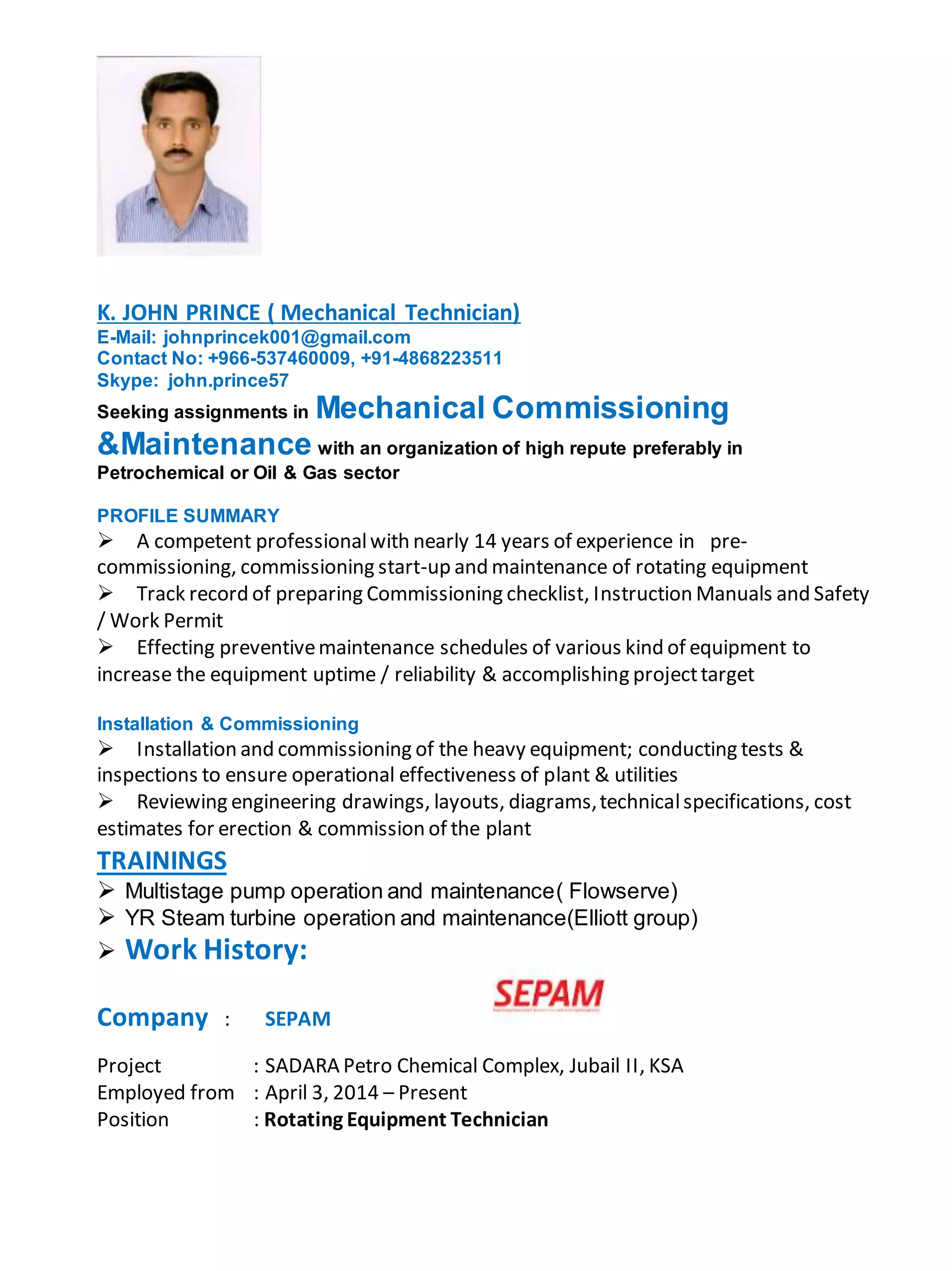 Resume of John Prince (Rotating Equipment Technician) | DOCX