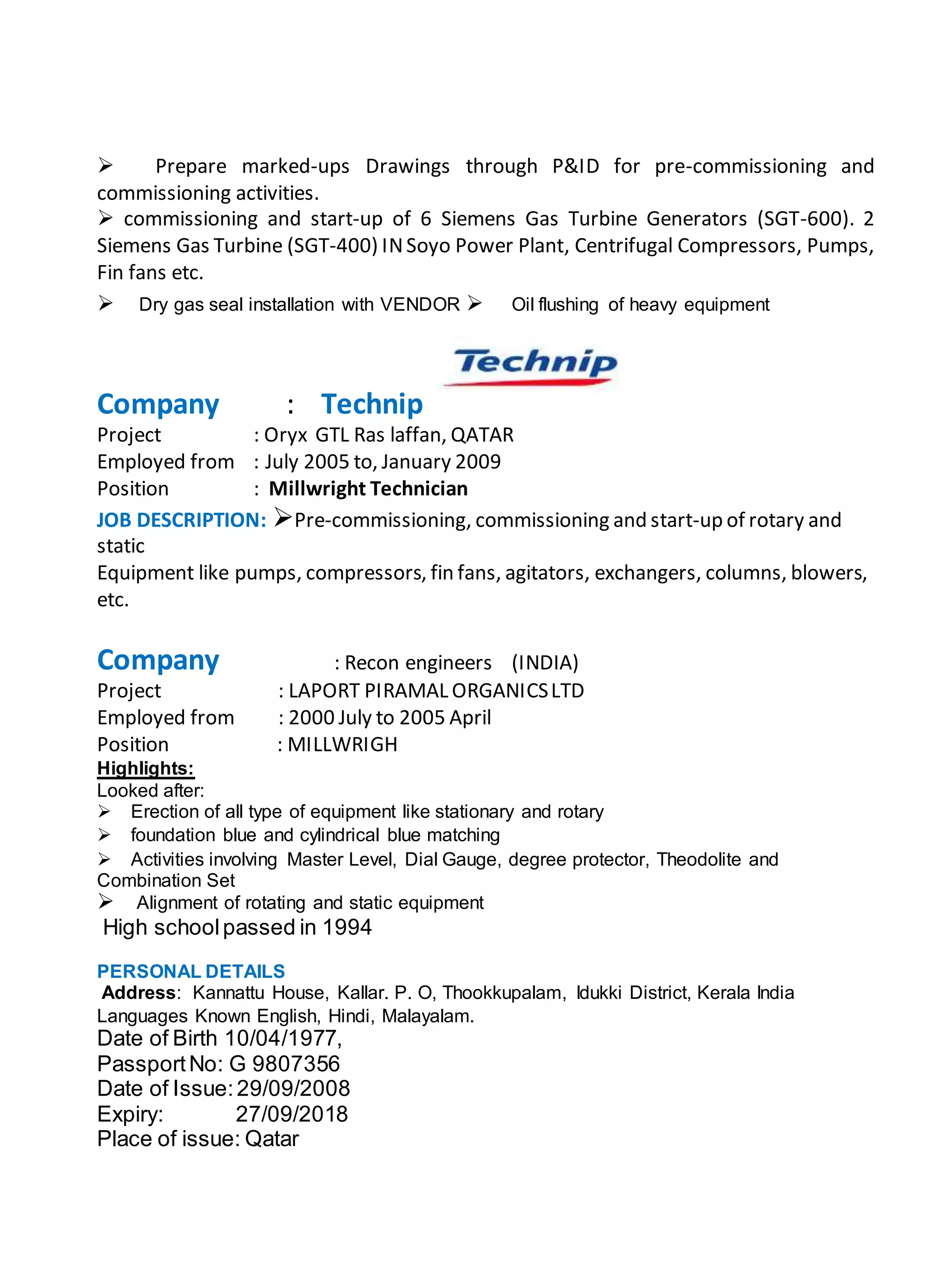 Resume of John Prince (Rotating Equipment Technician) | DOCX