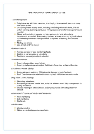 BREAKDOWN OF TEAM LEADER DUTIES | PDF
