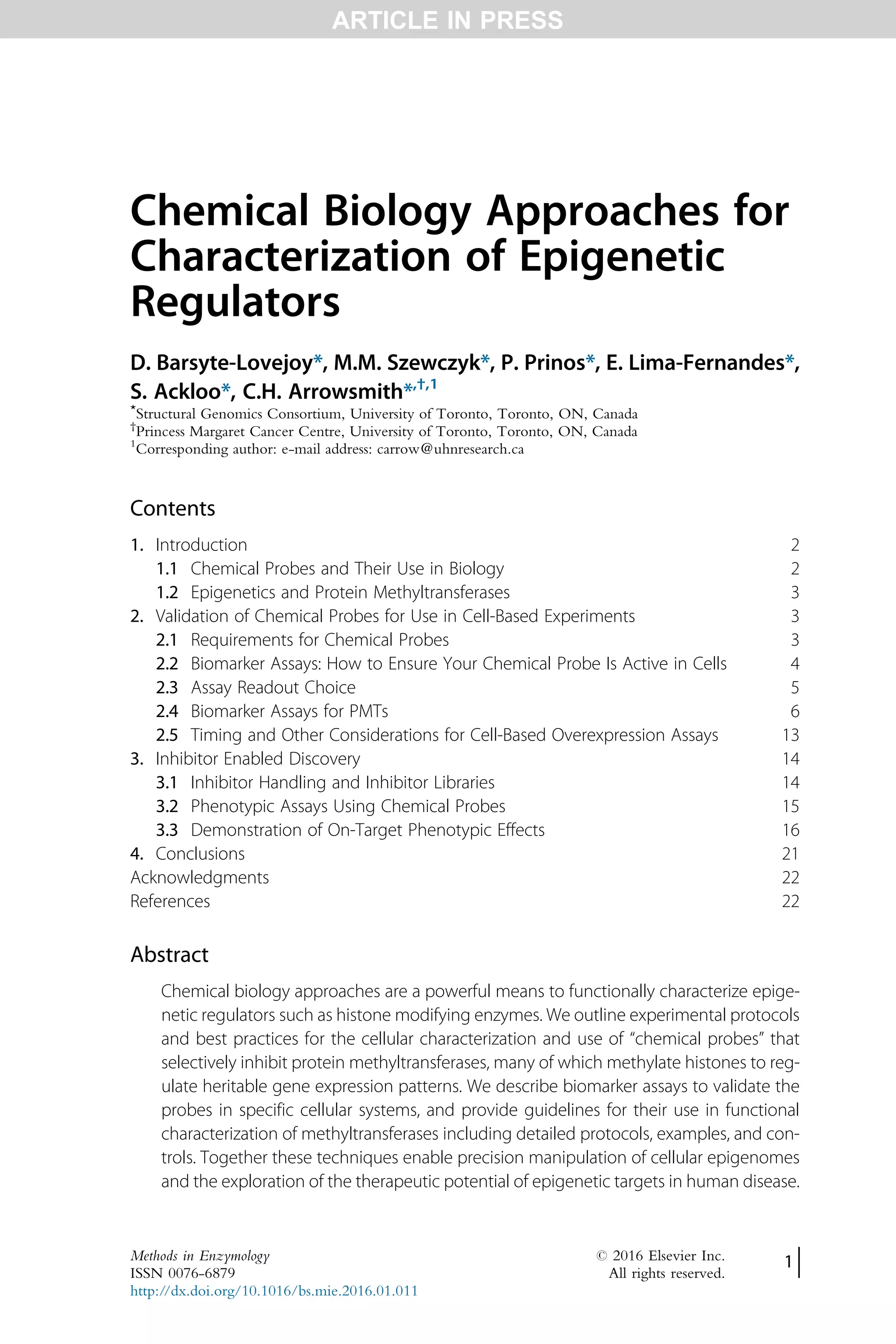 Chemical Biology Characterization Epigen Regulators - 2016 | PDF