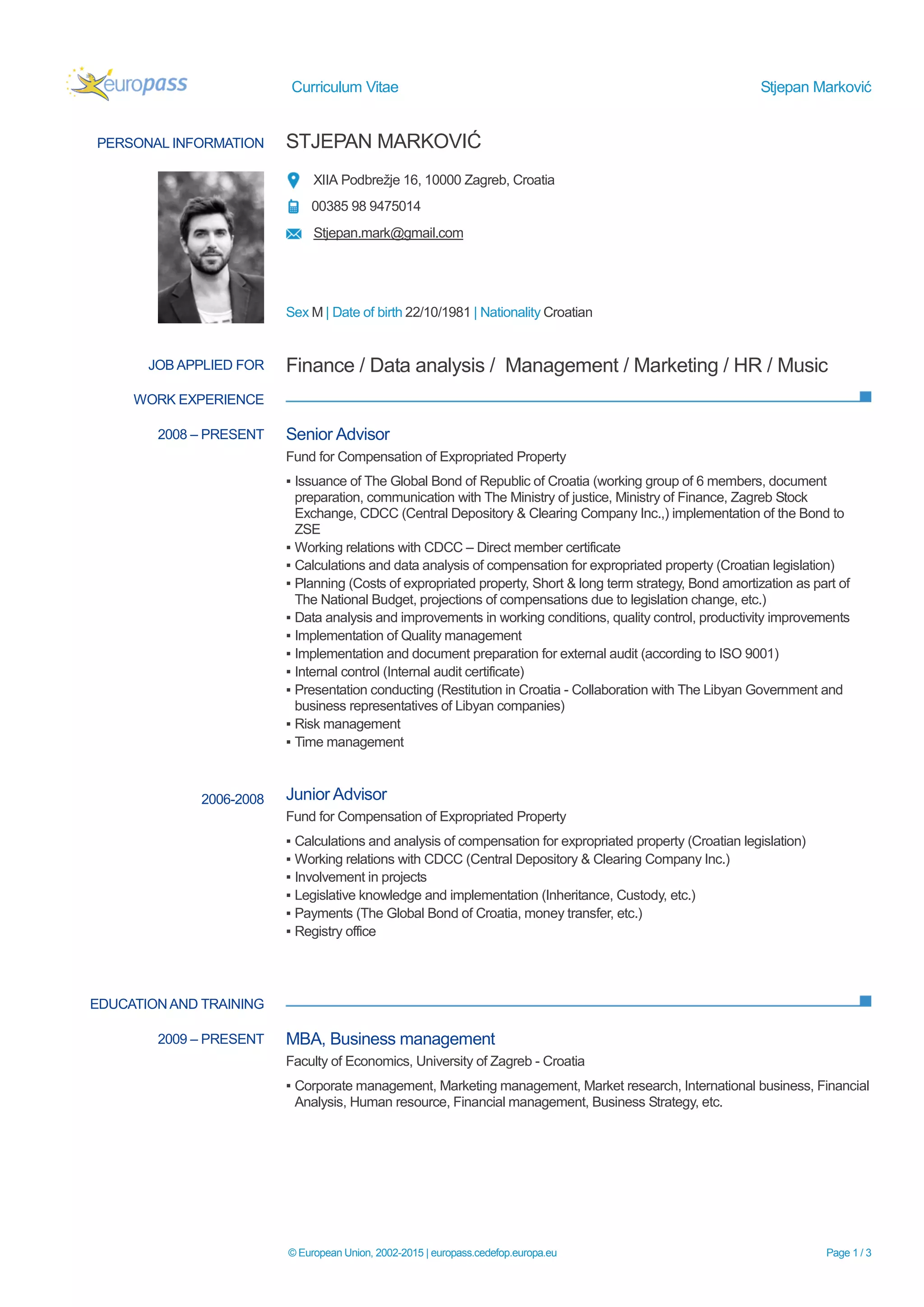CV_RESUME_MARKOVIC | PDF | Resume Writing and Advice | Job Search