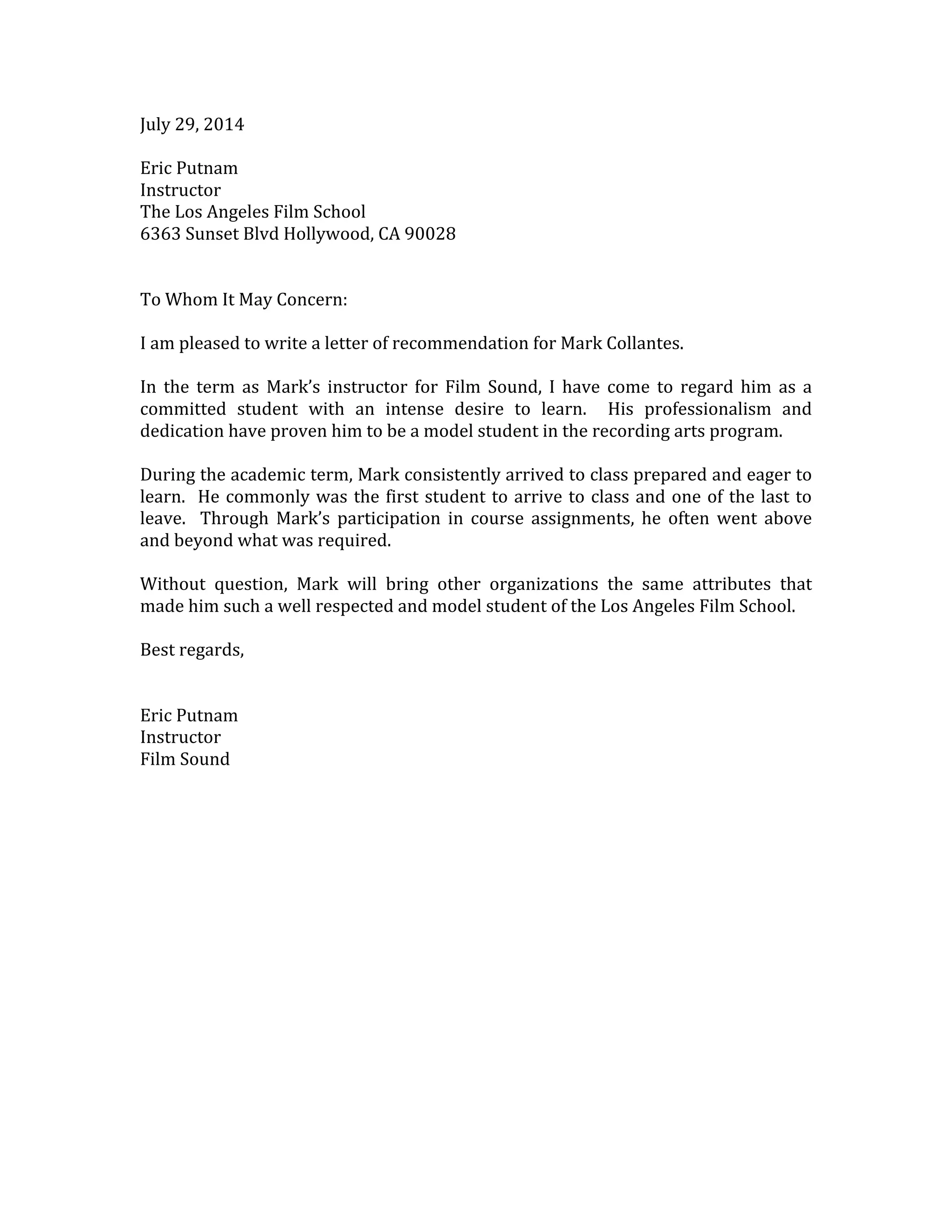 Recommendation Letter - Film Sound | PDF
