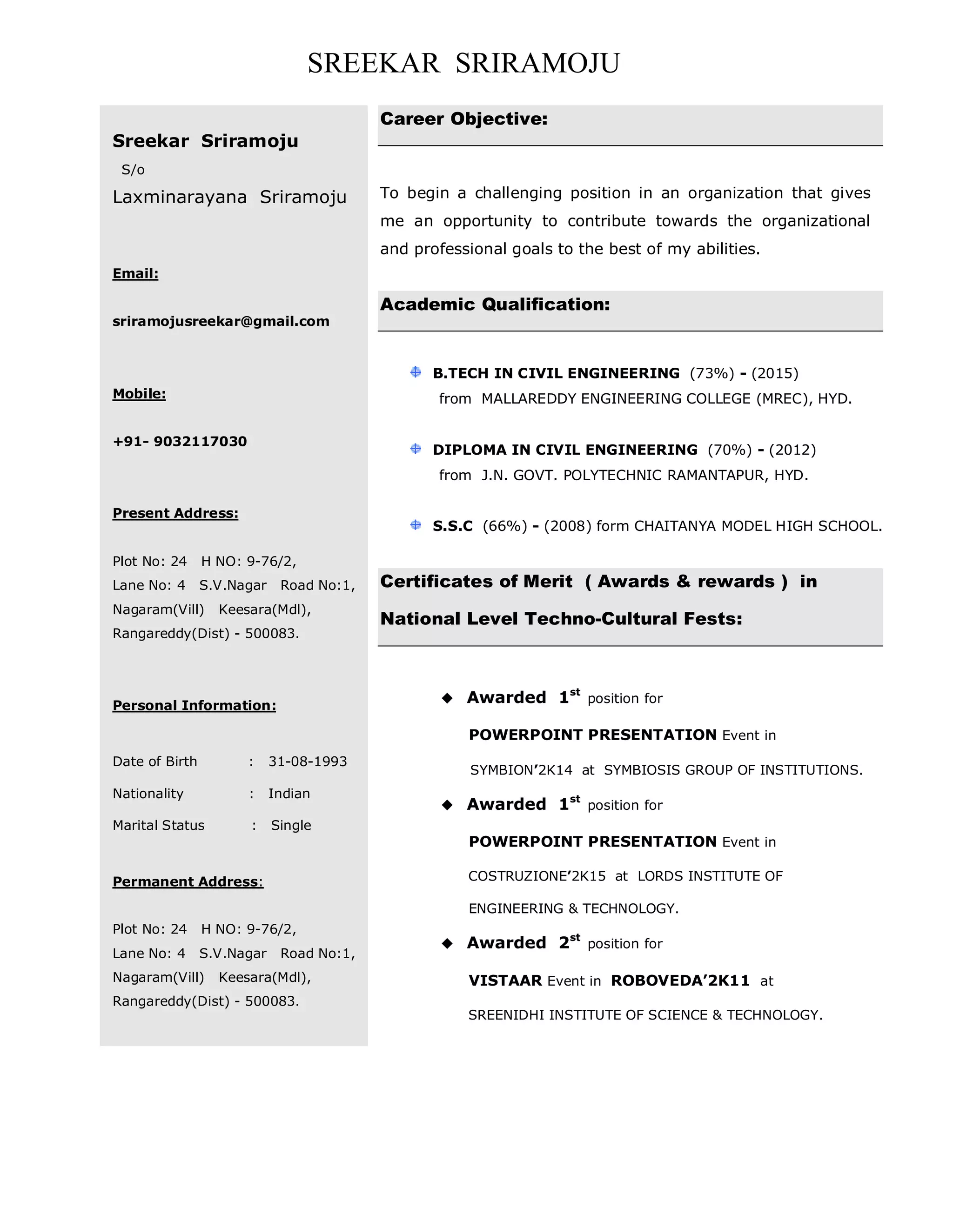 Sreekar B.tech Resume | PDF | Resume Writing and Advice | Job Search