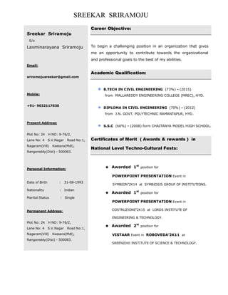 Sreekar B.tech Resume | PDF | Resume Writing and Advice | Job Search