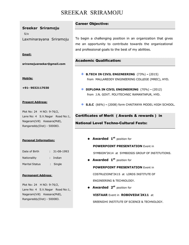 Sreekar B.tech Resume | PDF | Resume Writing and Advice | Job Search