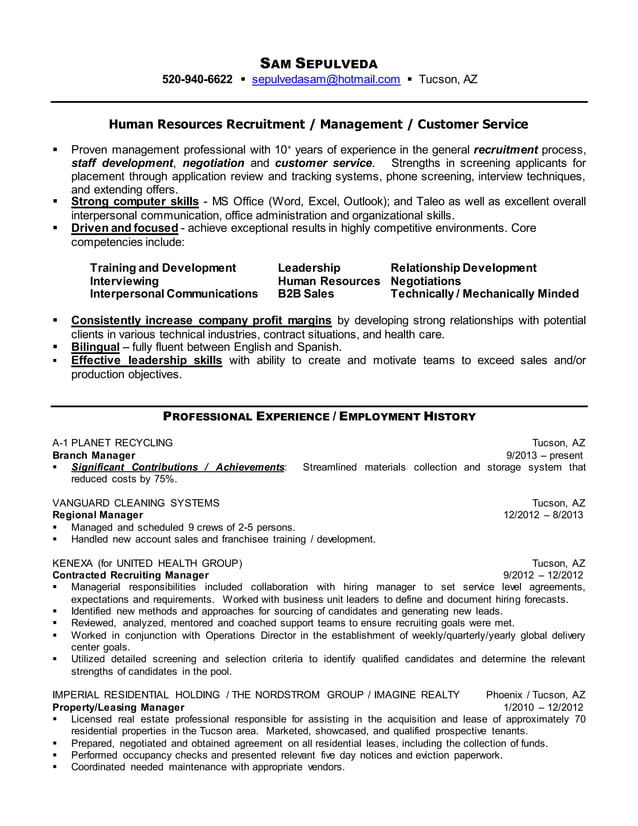 Sepulveda, Sam - Recruitment, Mgmt, Cust Serv Feb 15 | PDF