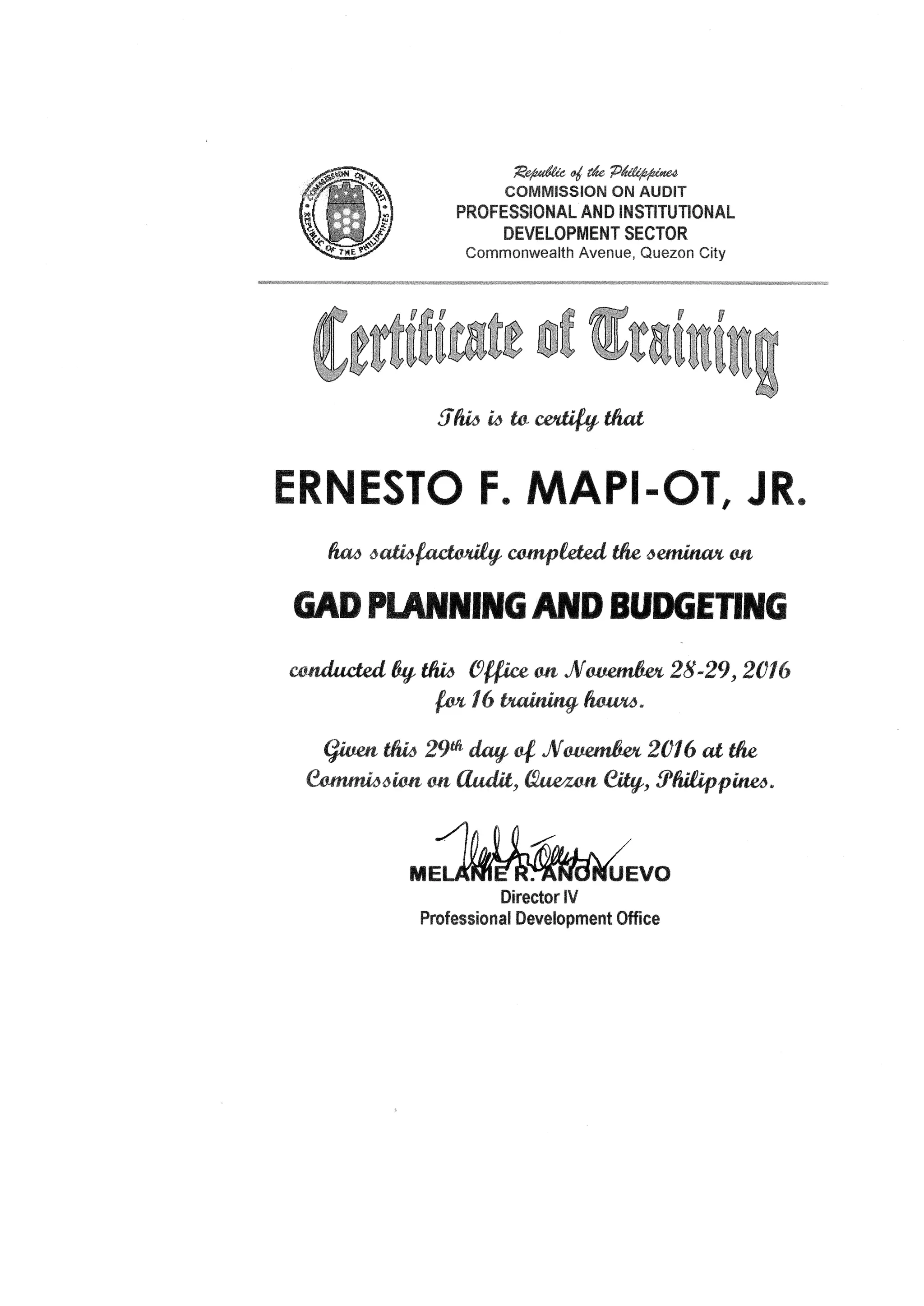 Certificate of Training - GAD Planning & Budgeting | PDF