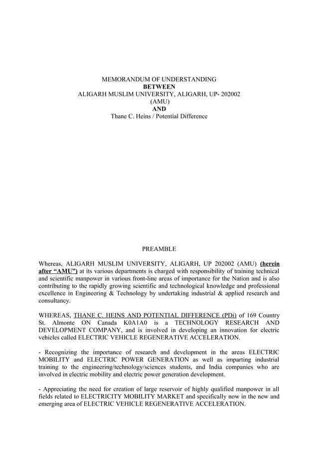 #68 Draft MOU AMU University and Thane C. Heins - Potential Difference ...
