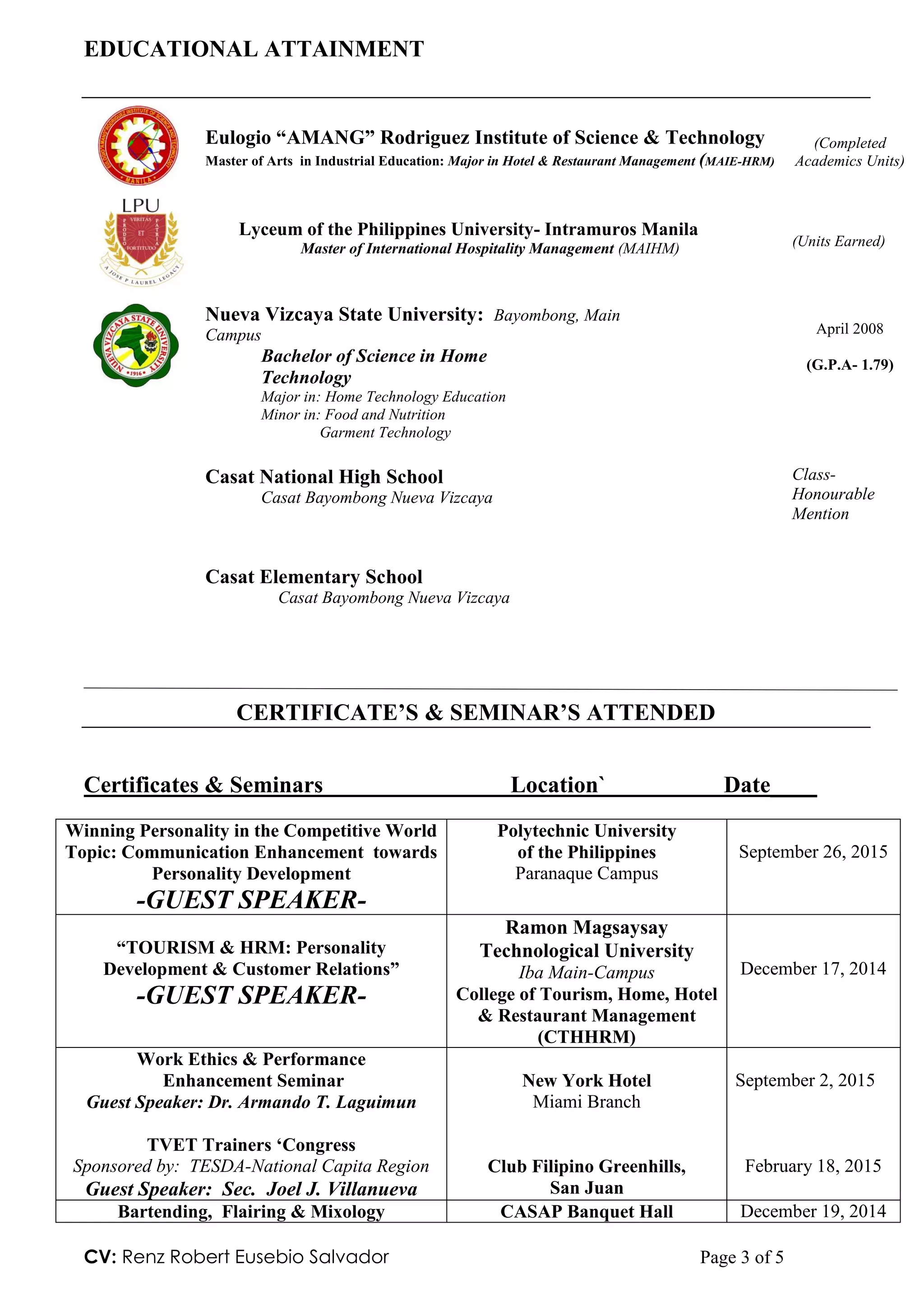 CV of Renz Robert Eusebio Salvador | PDF