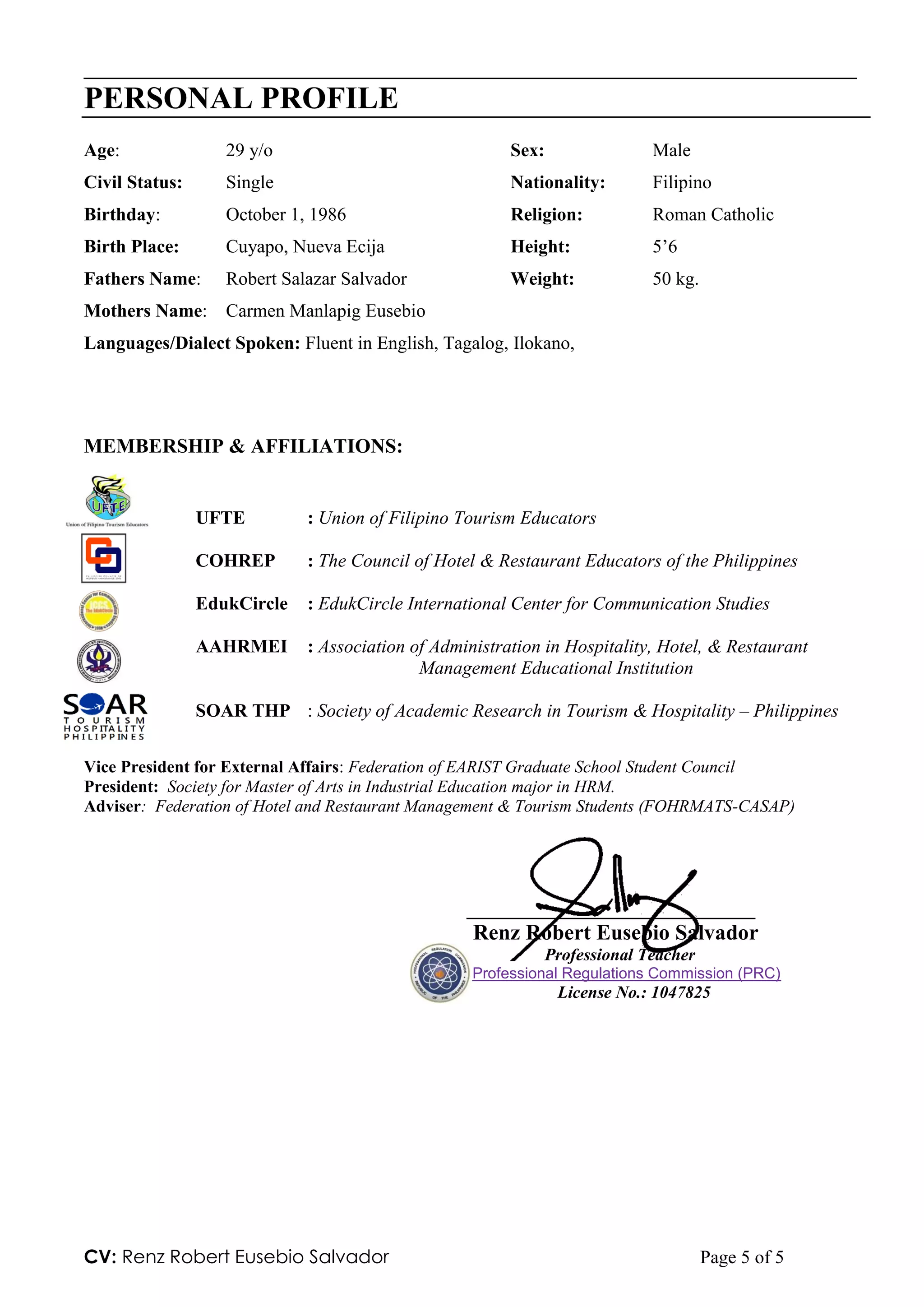 CV of Renz Robert Eusebio Salvador | PDF