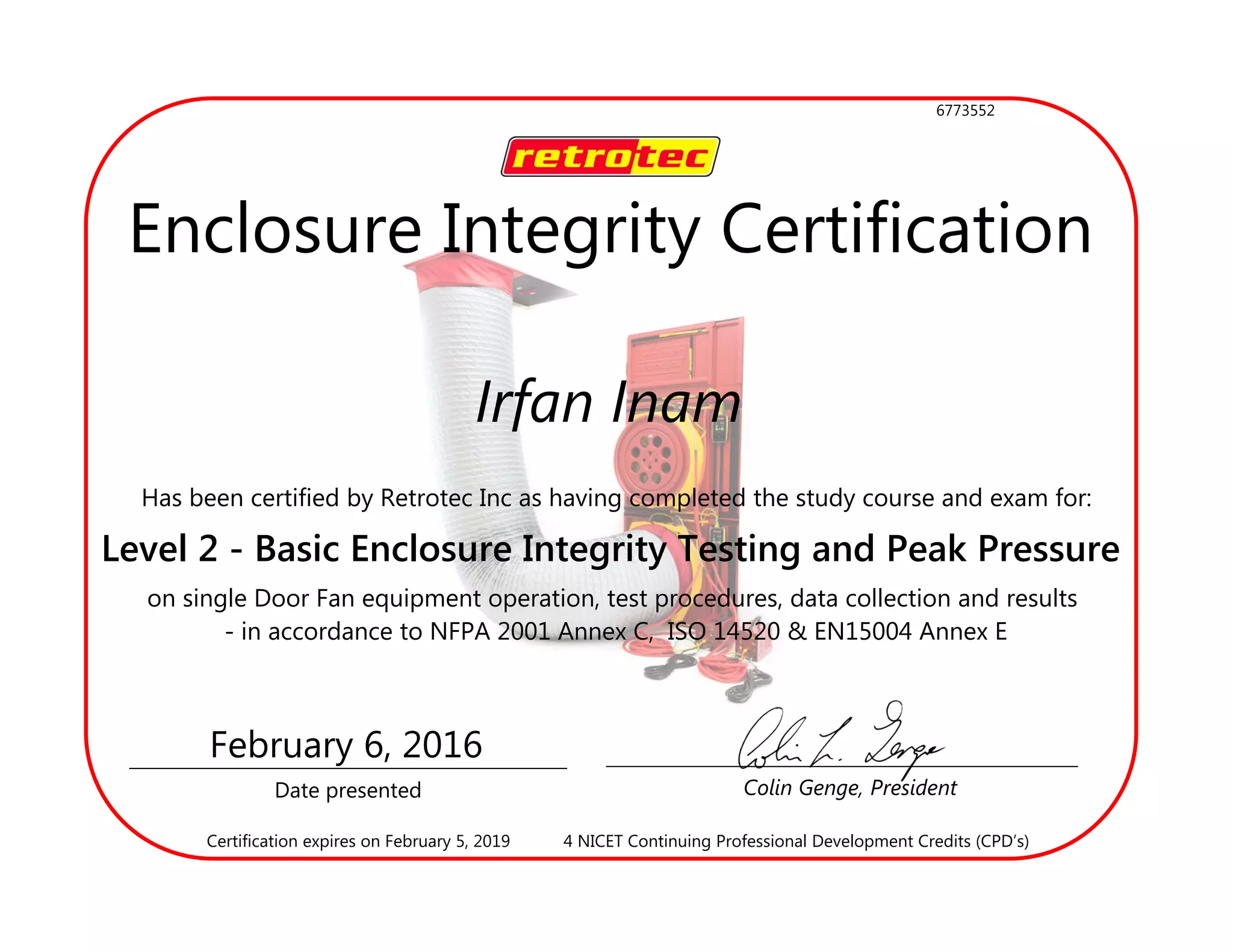 Room Integrity Certificate Level 2 - Irfan Inam | PDF