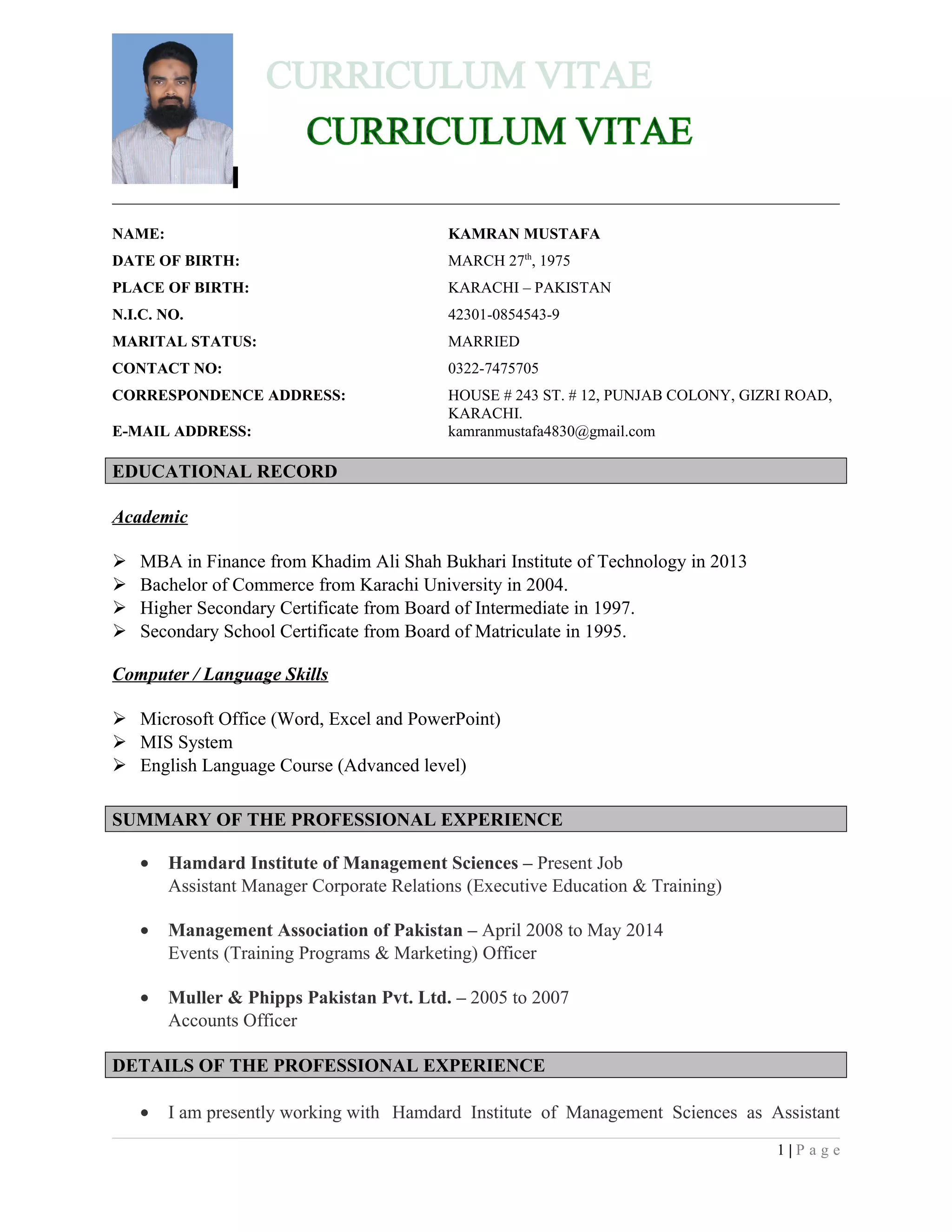 Curriculum Vitae - Kamran Mustafa.. | PDF
