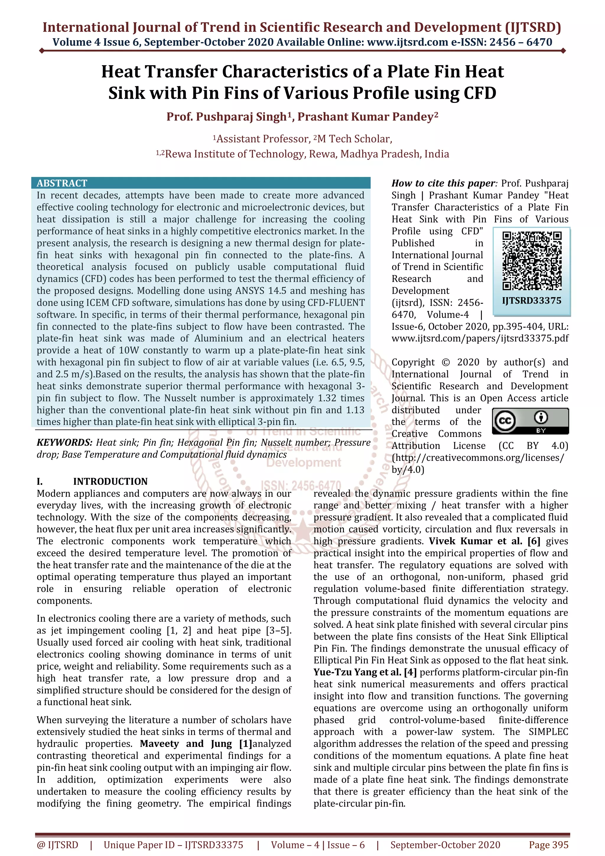 Heat Transfer Characteristics of a Plate Fin Heat Sink with Pin Fins of ...
