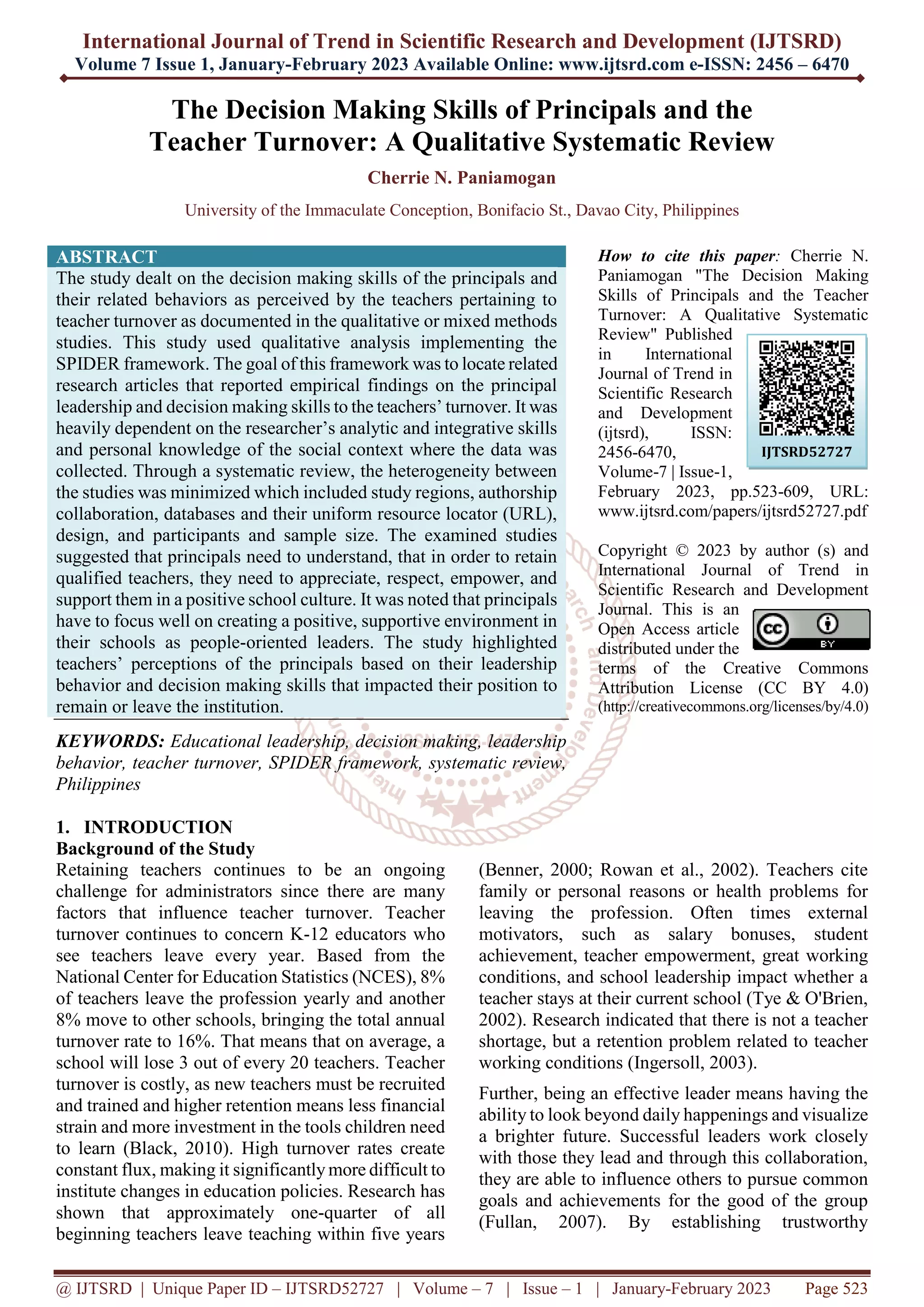 The Decision Making Skills of Principals and the Teacher Turnover A Qualitative Systematic ...