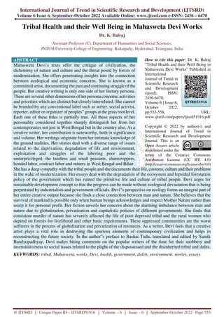 Tribal Health and their Well Being in Mahasweta Devi Works | PDF ...