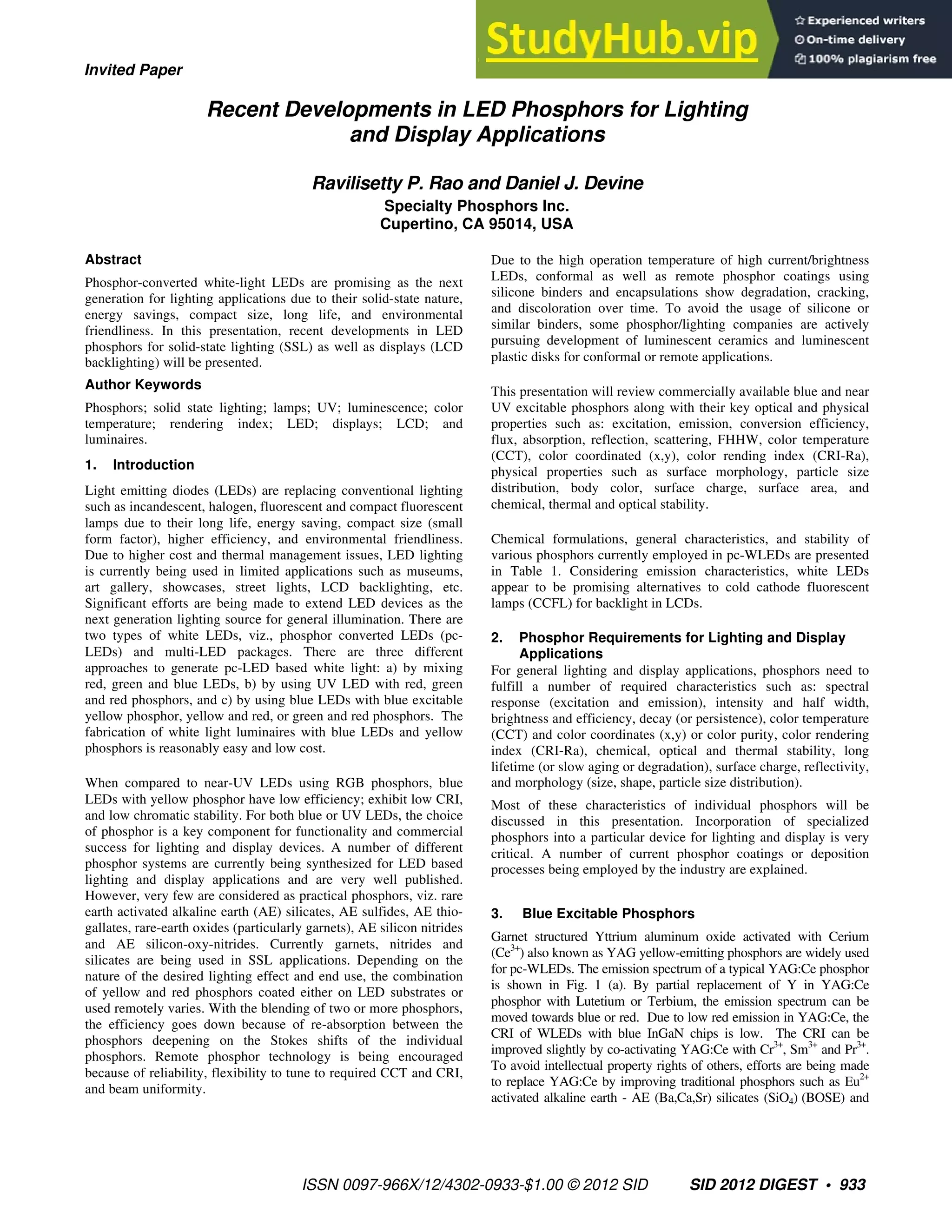 69.1 Invited Paper Recent Developments In LED Phosphors For Lighting ...