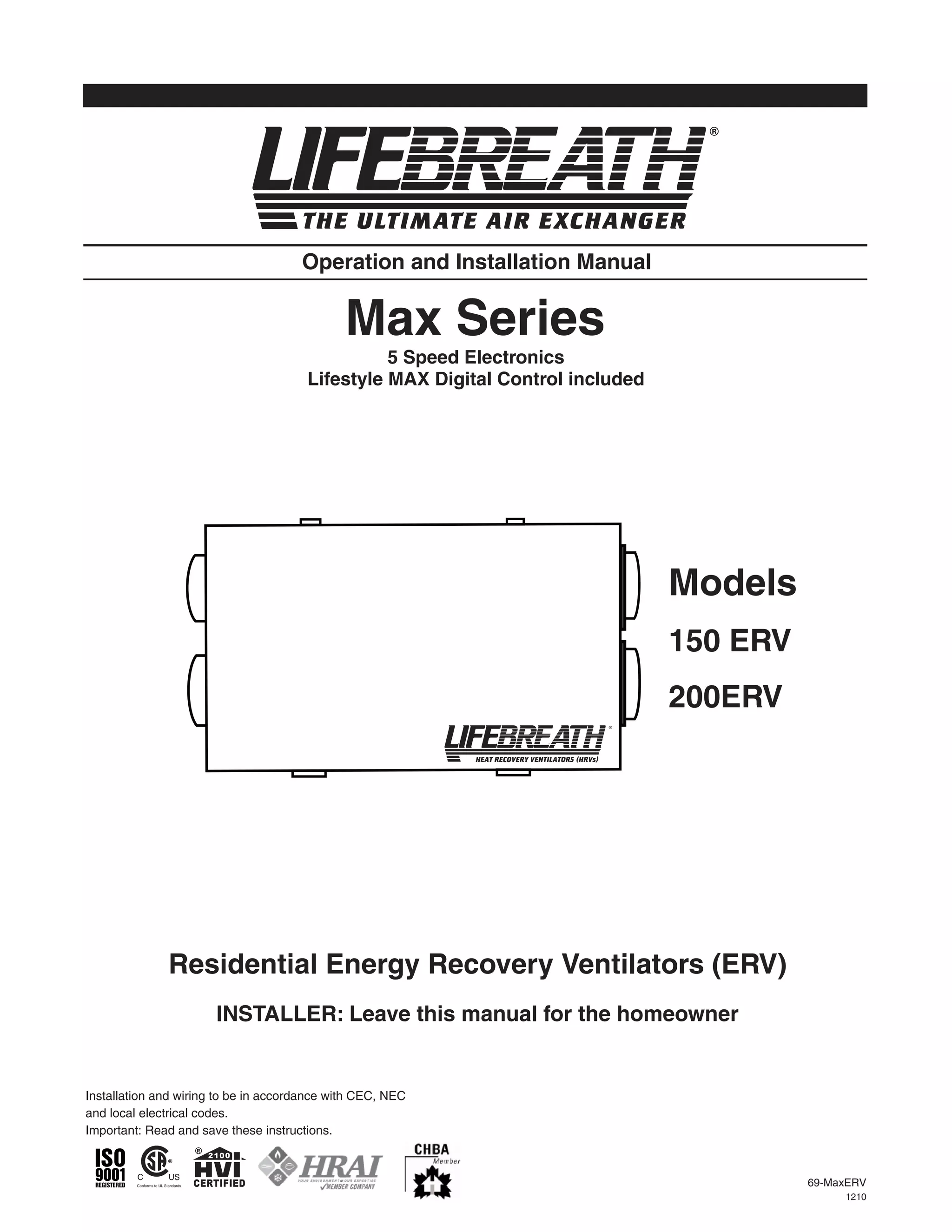 LifeBreath Operation & Installation Manual max series 150 - 200 erv | PDF