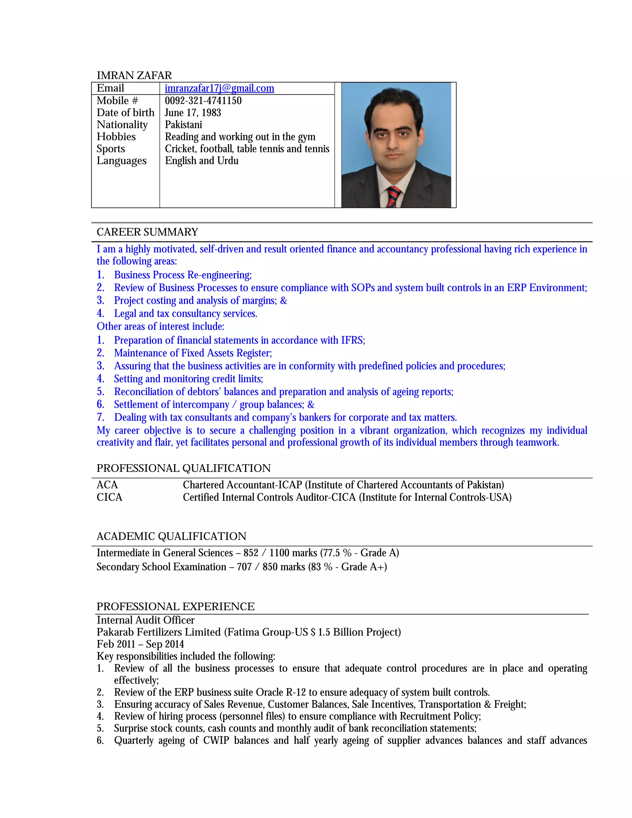 Imran Zafar Resume | PDF | Business Accounting & Finance | Business