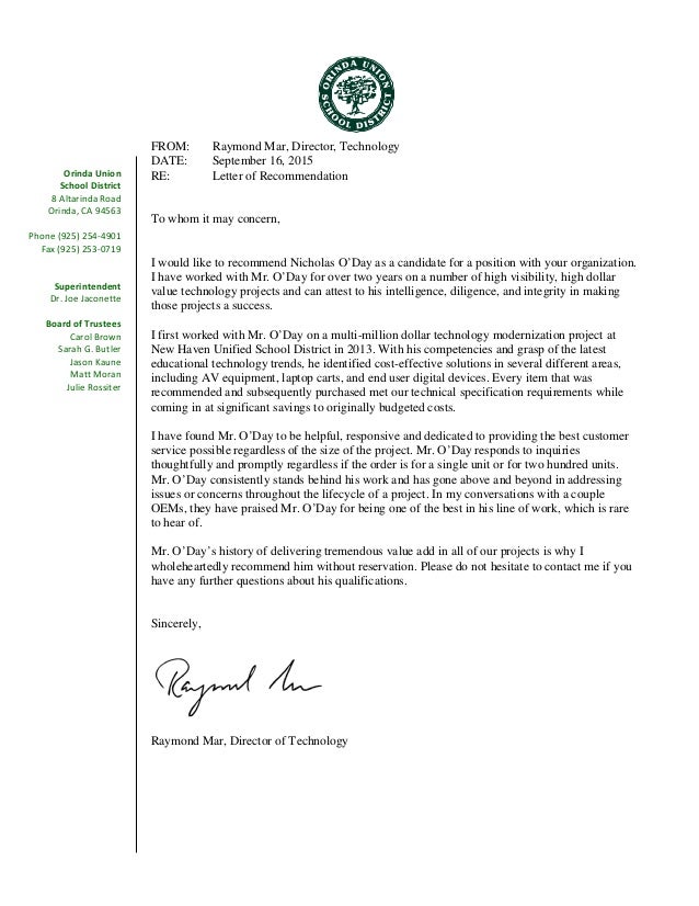 Nick O'Day Letter of Recommendation