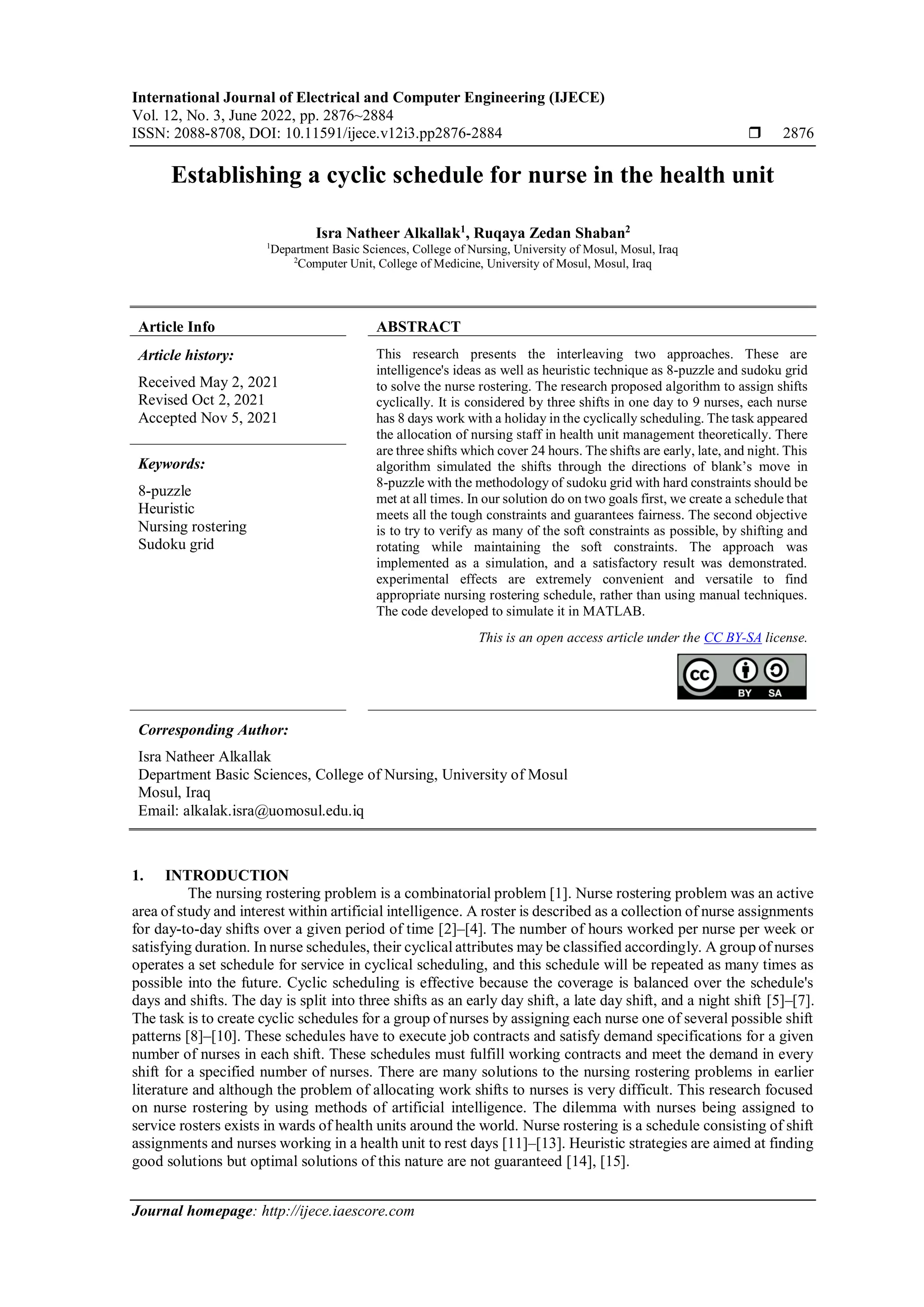 Establishing a cyclic schedule for nurse in the health unit | PDF