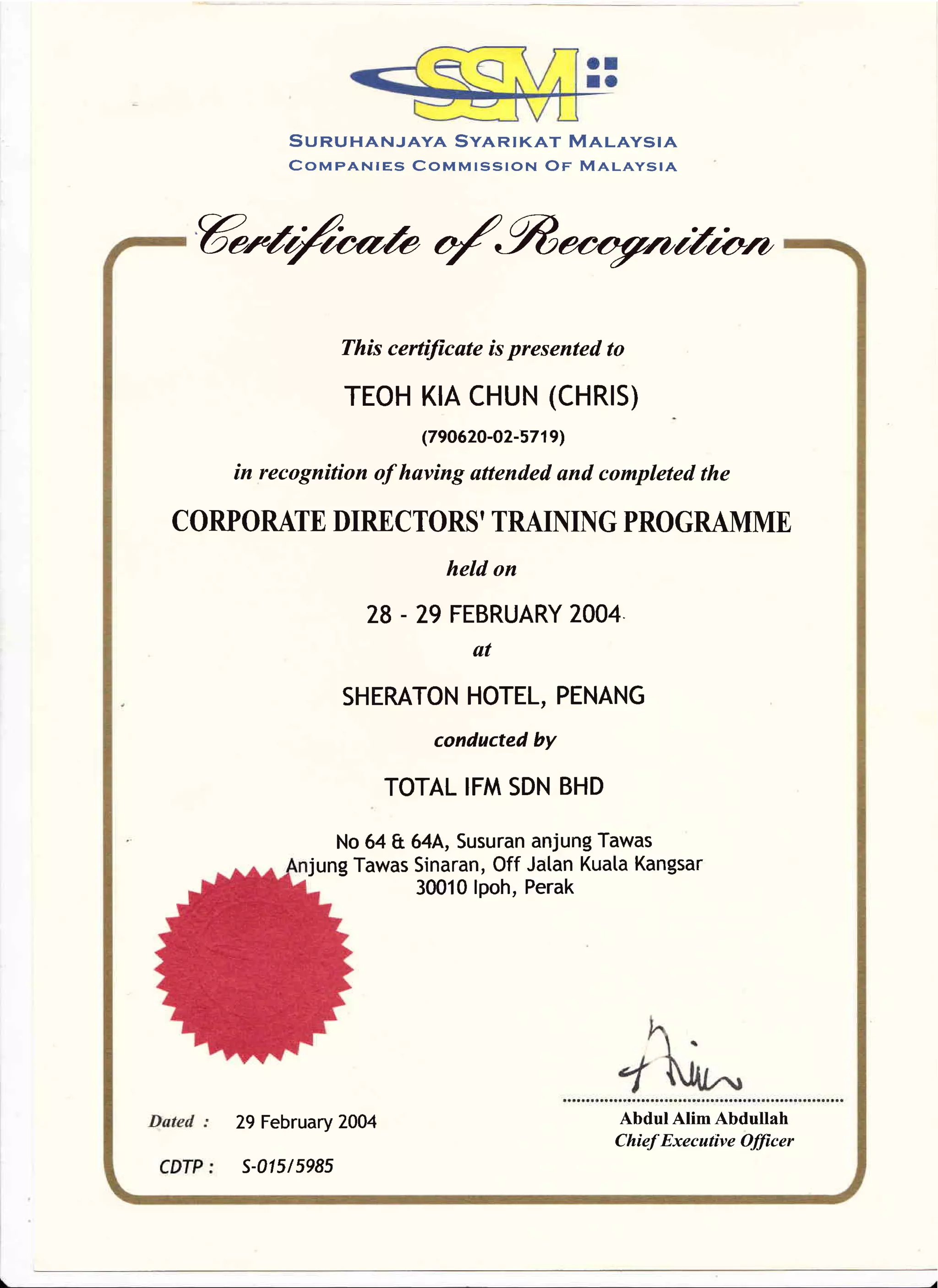 Chriscalvino Teoh kc Profesional Cert | PDF