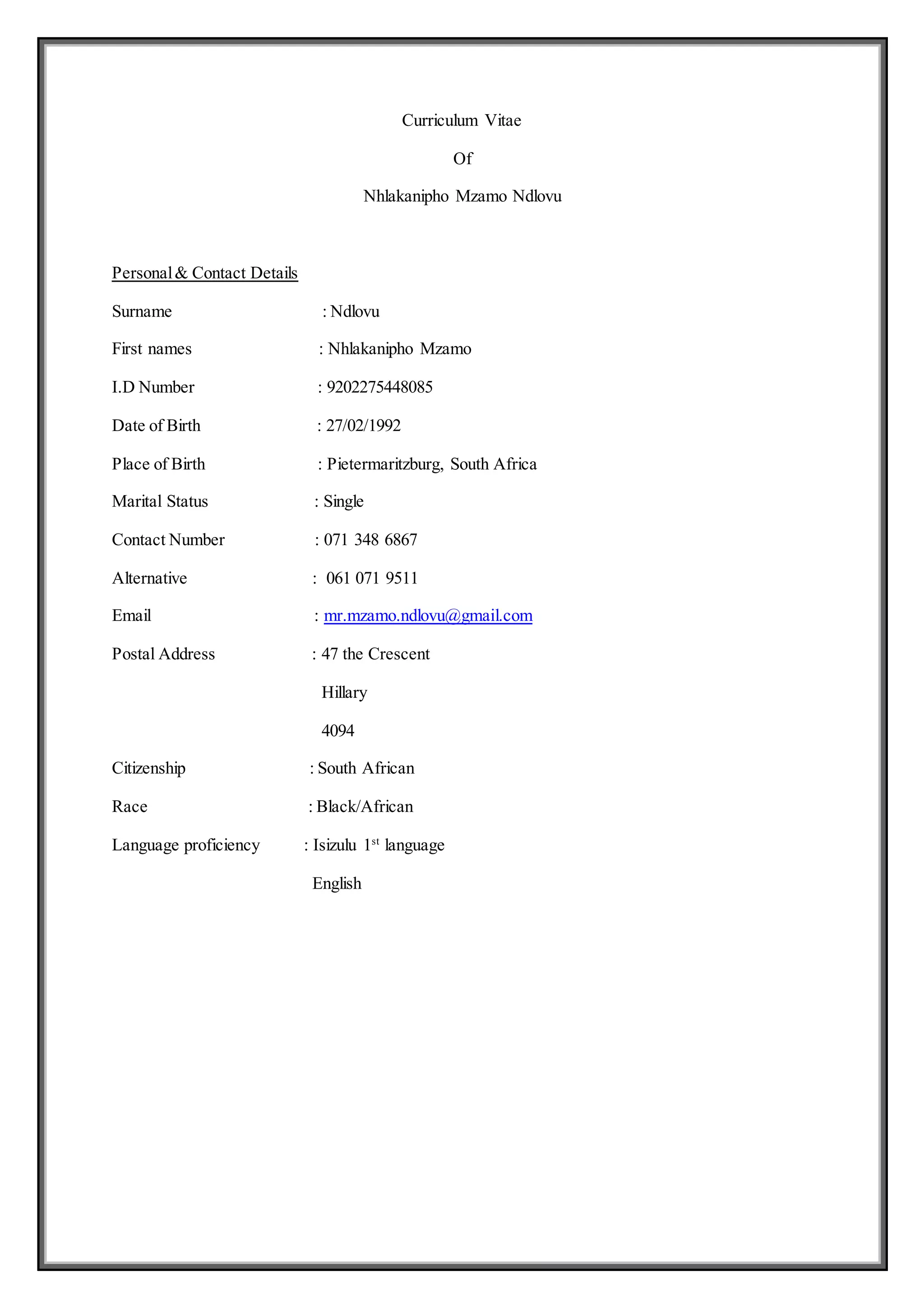 Curriculum Vitae MZAMO 2016 | DOCX