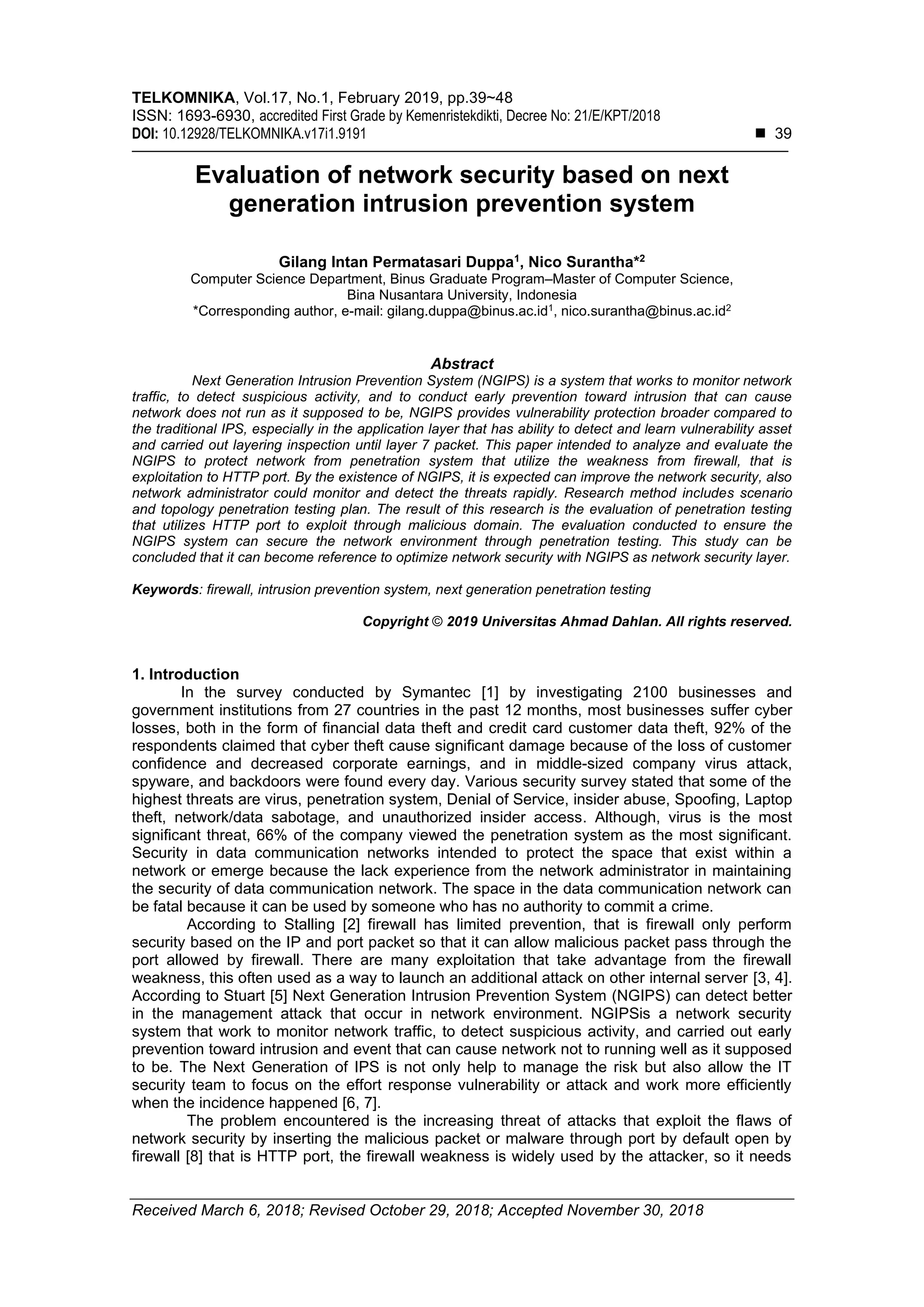 Evaluation of network security based on next generation intrusion prevention system | PDF