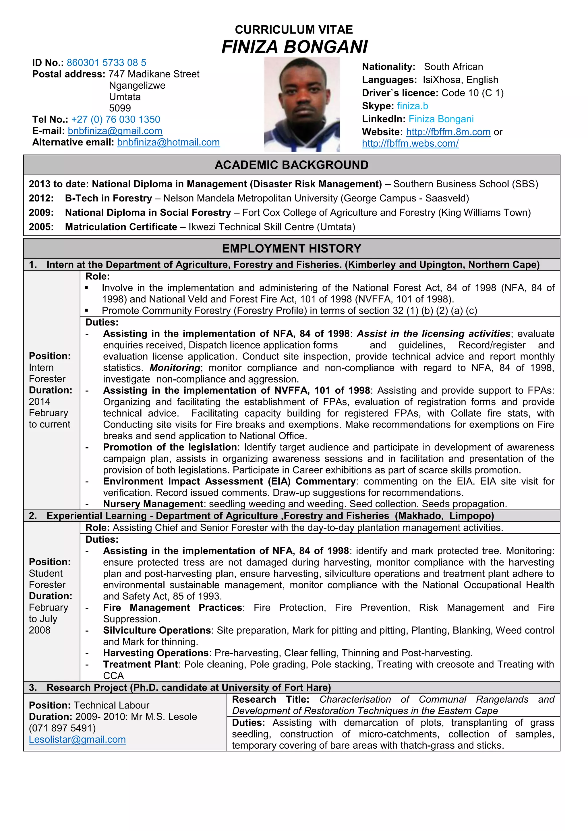 Finiza Bongani Curriculum Vitae | PDF