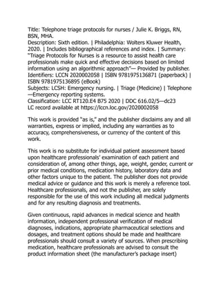 Telephone Triage Protocols for Nurses 6th Edition Julie K. Briggs | PDF