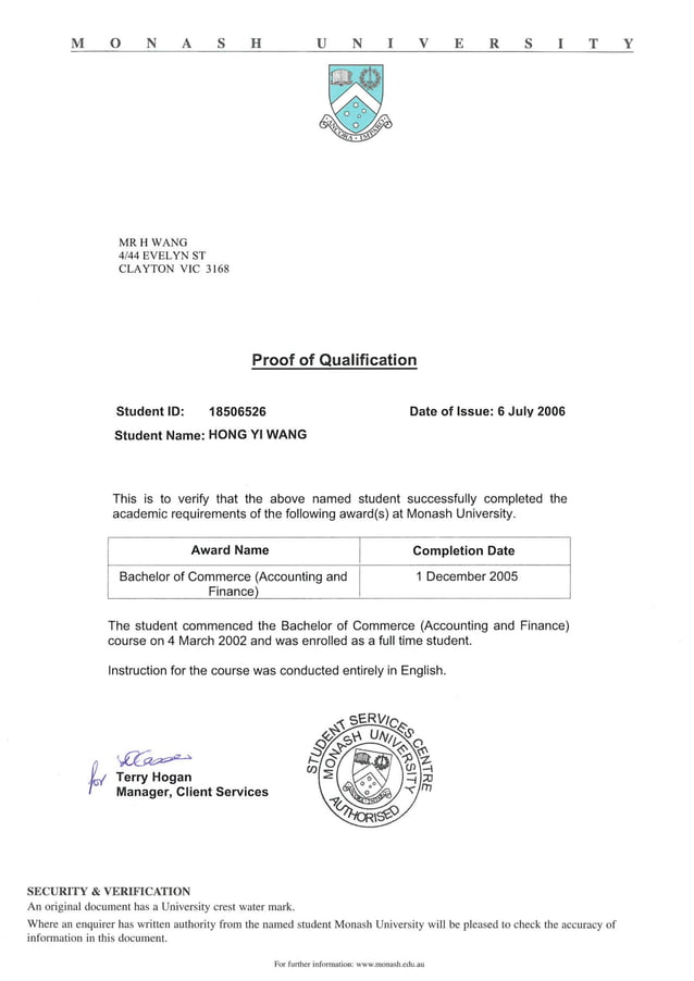 Monash - Proof of Qualification | PDF