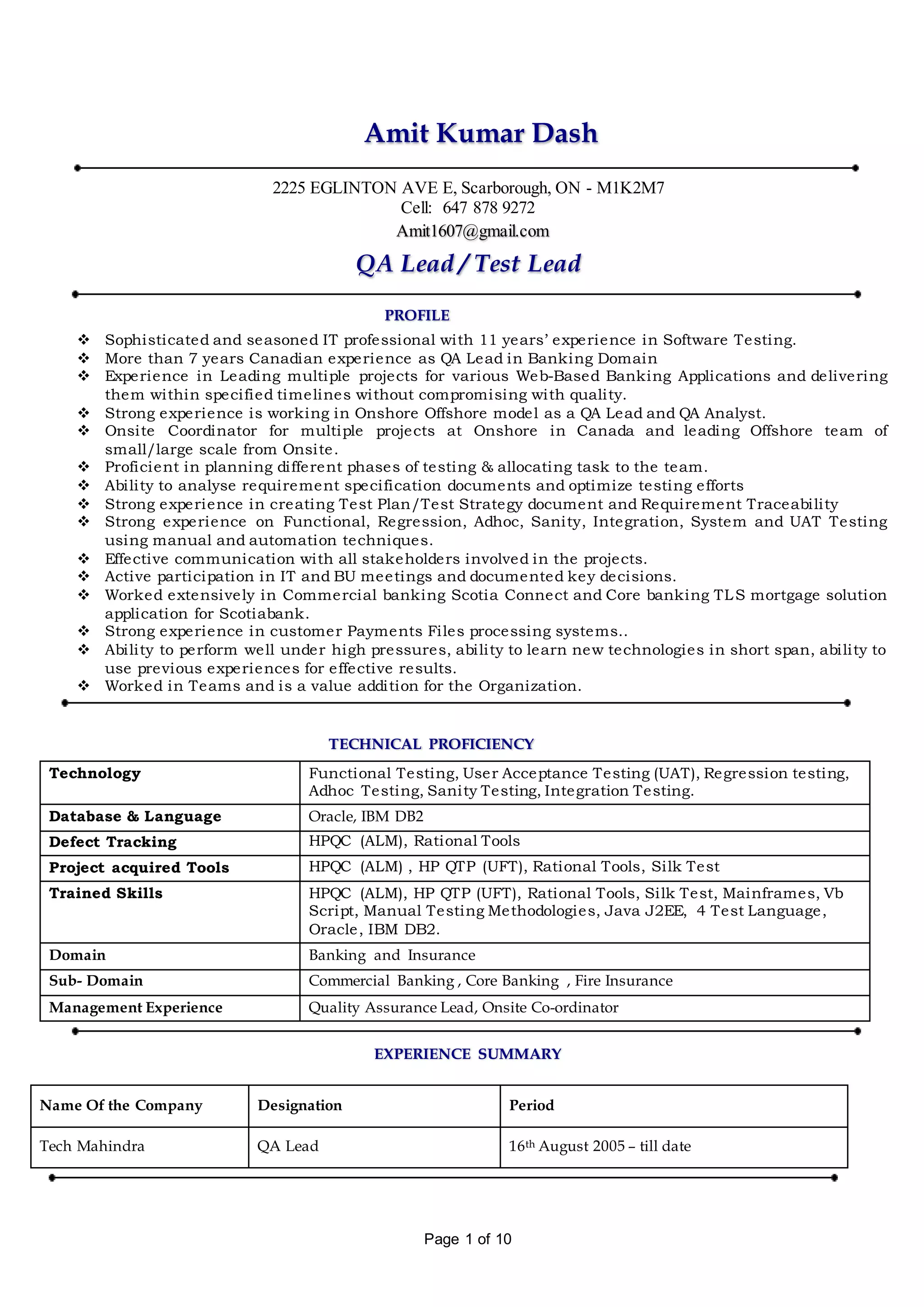 Amit Kumar Dash Resume_QA Lead | DOCX | Home Financing | Personal Debt